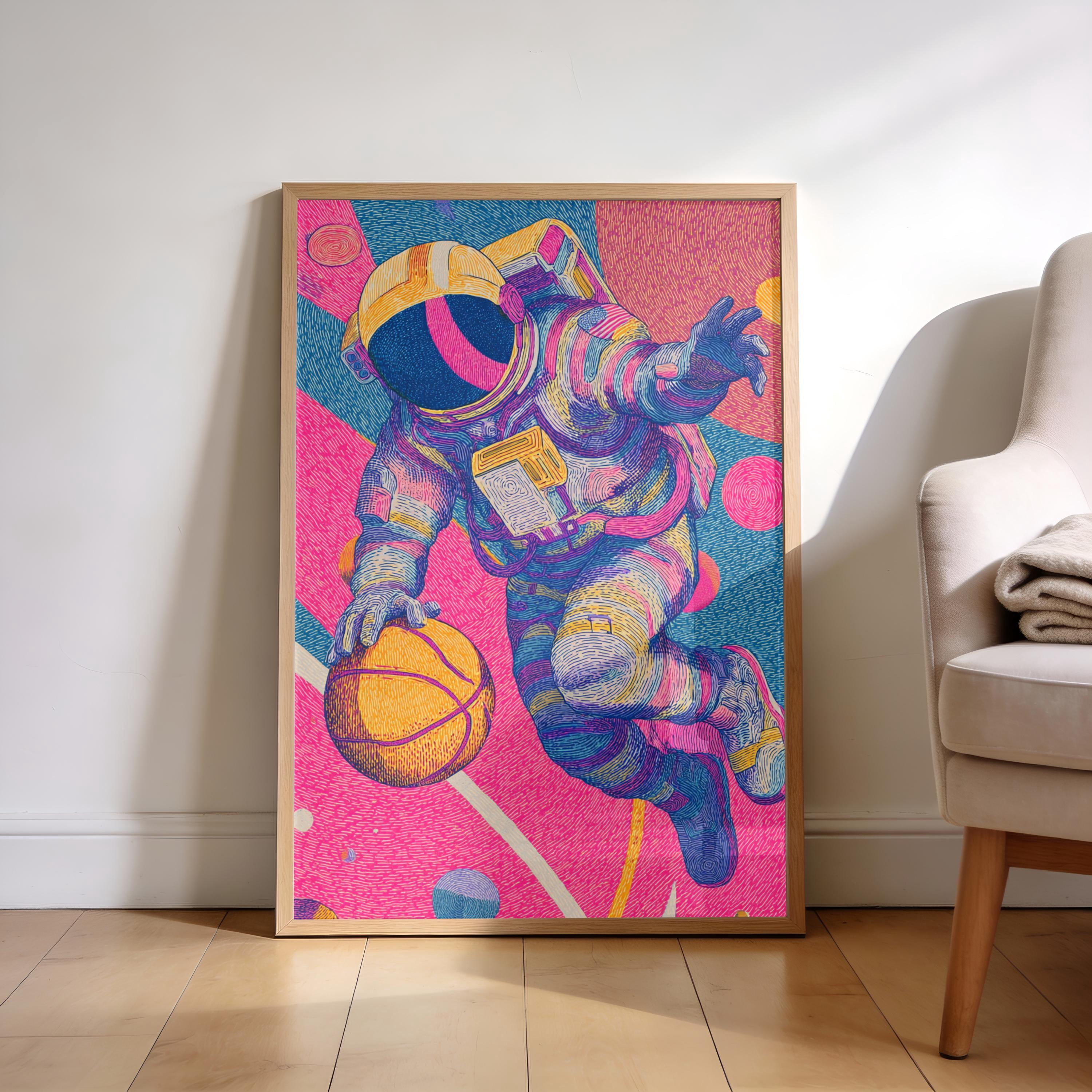 Astronaut Basketball Poster, Retro Space Art Print, Neon Wall Art ...