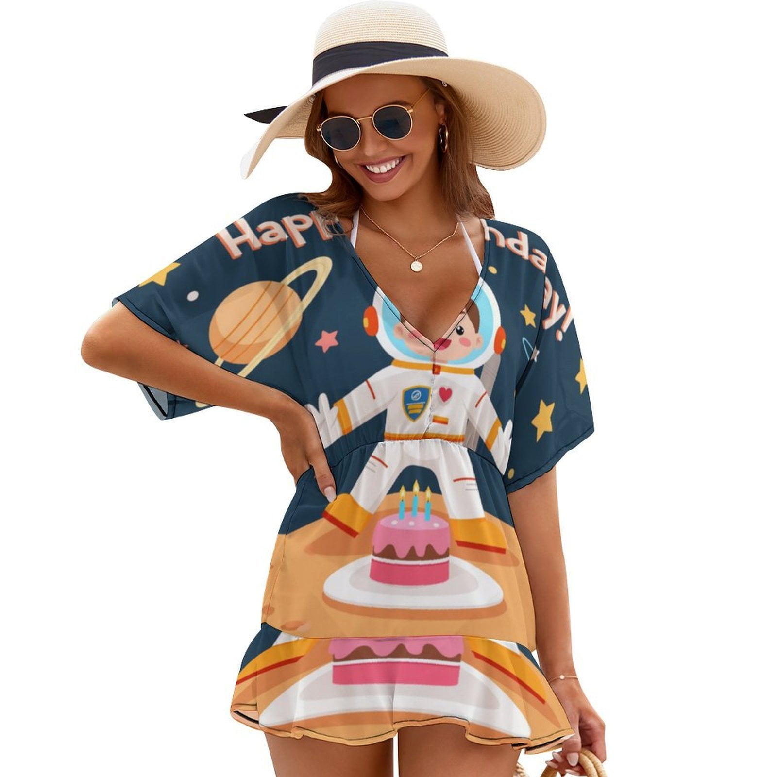 Astronaut Birthday Cake Space Fun Beach Cover Ups Women V Neck Short ...