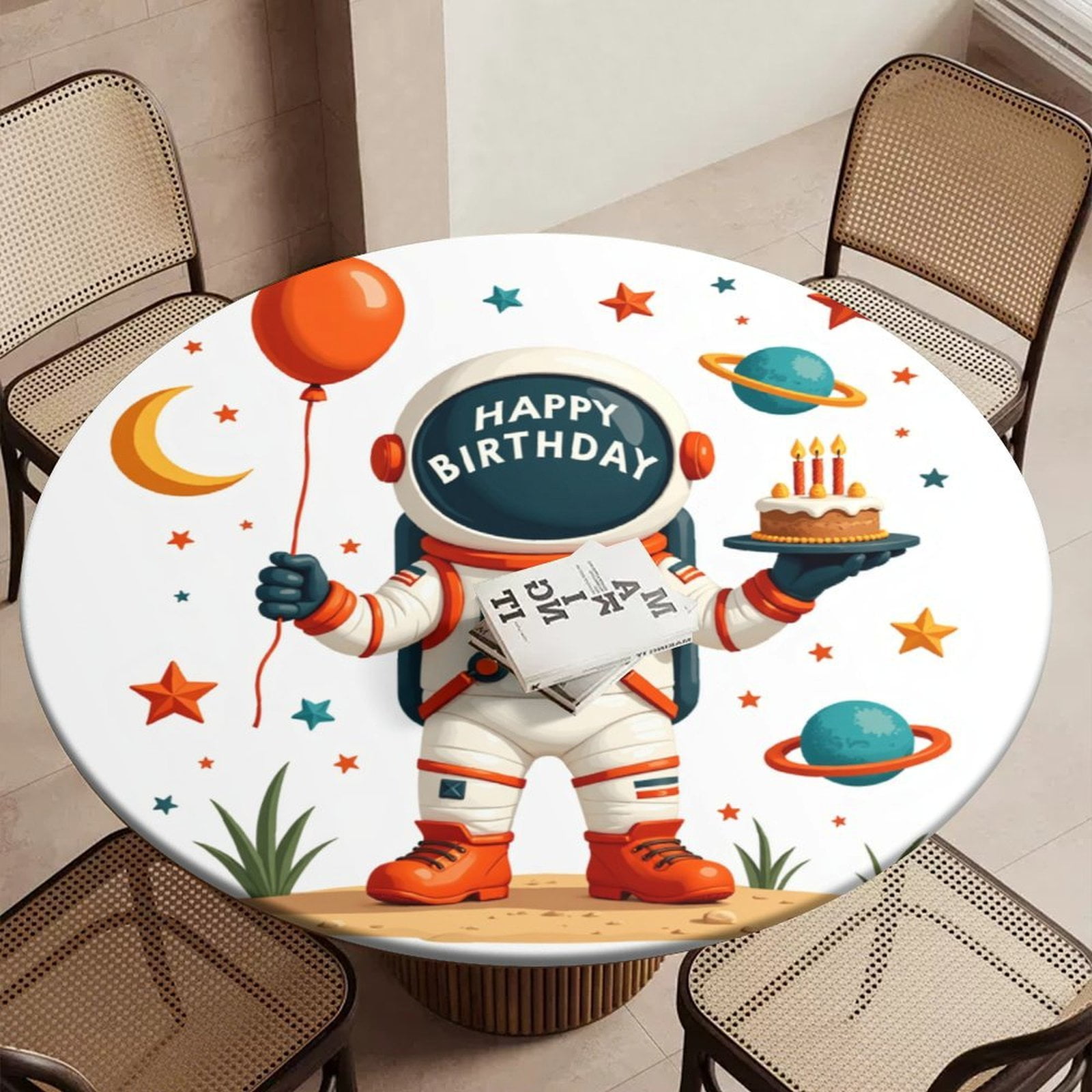Astronaut Birthday in Outer Space Round Table Cover Kitchen Printed ...