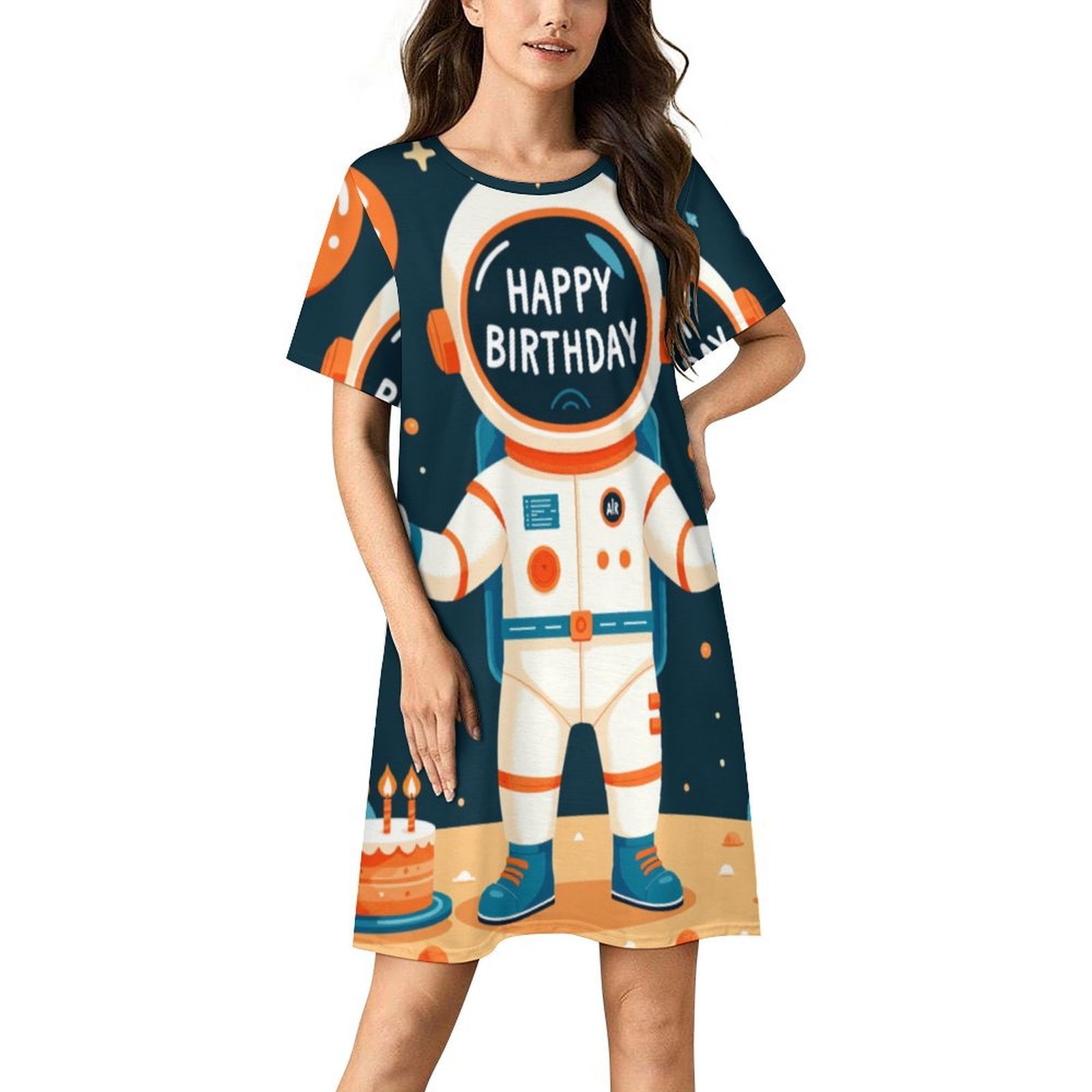 Astronaut Birthday Space Fun Women Nightgown Sleepwear Short Sleeves ...