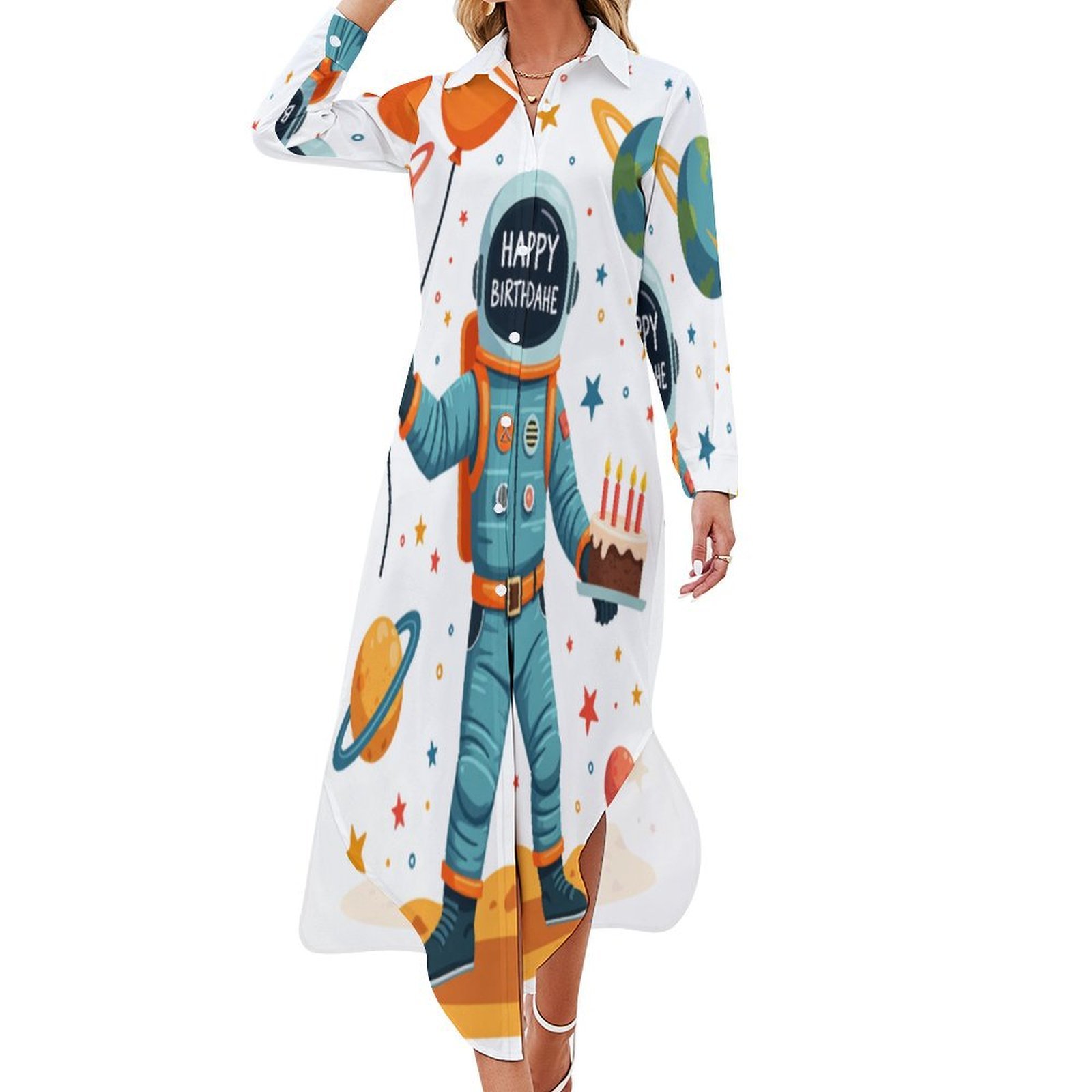 Astronaut Birthday in Outer Space Shirt Dress Long Sleeve Street ...
