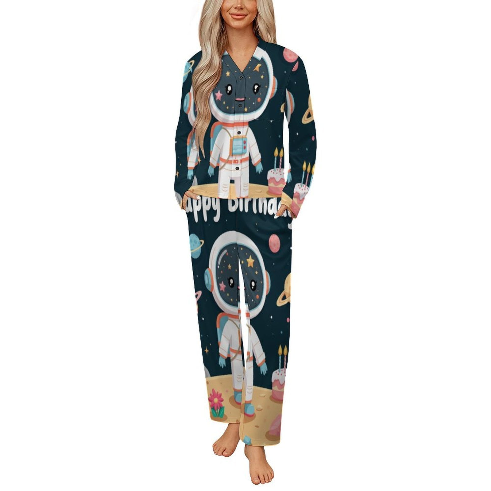 Astronaut Birthday in Outer Space Womens Pyjamas Set Button Up Pyjamas ...