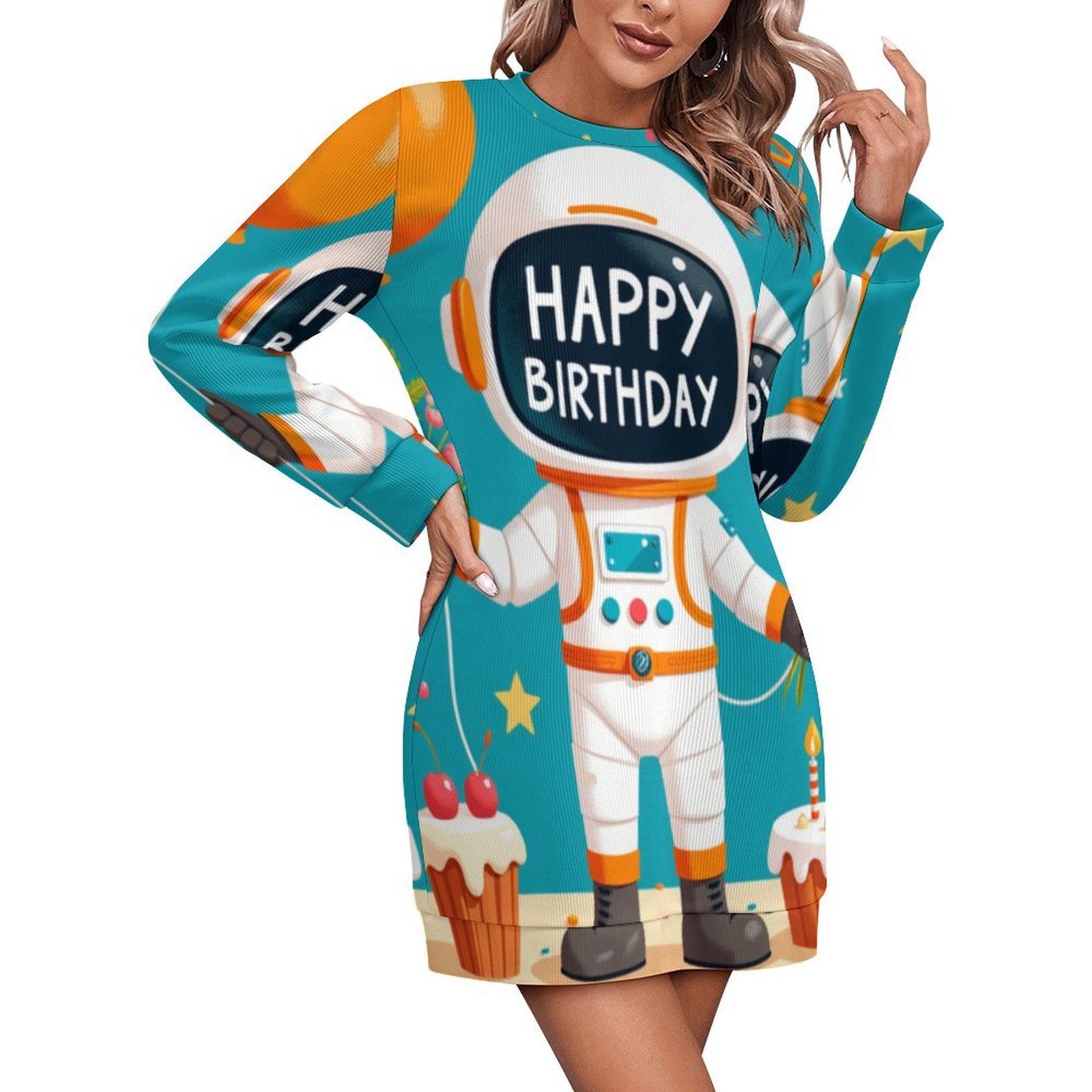 Astronaut Birthday in Space Women Elegant Long Sleeve Warm Dress Autumn ...