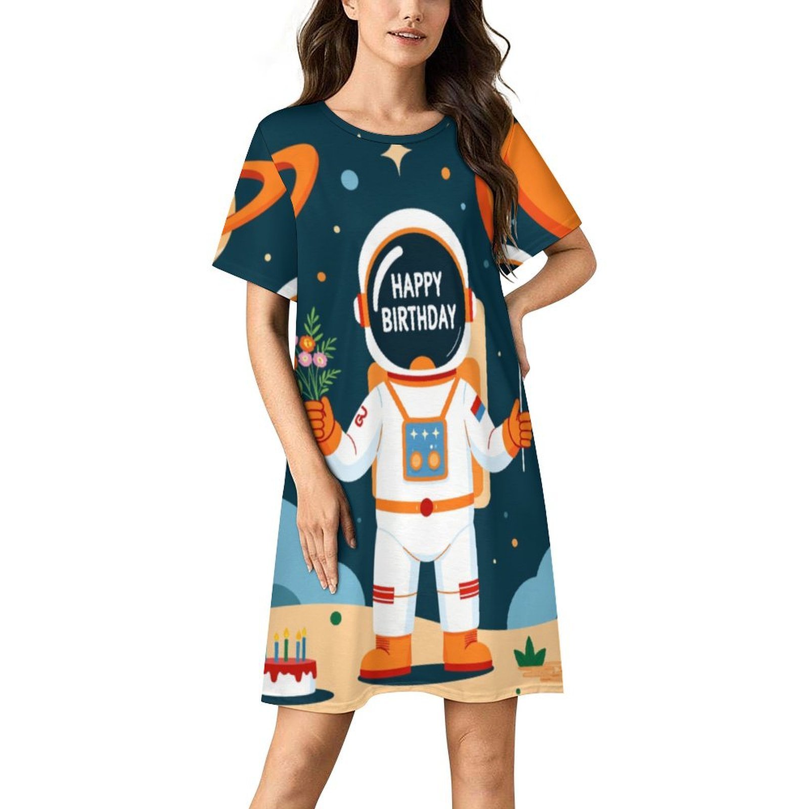 Astronaut Birthday in Space Women Nightgown Sleepwear Short Sleeves For ...