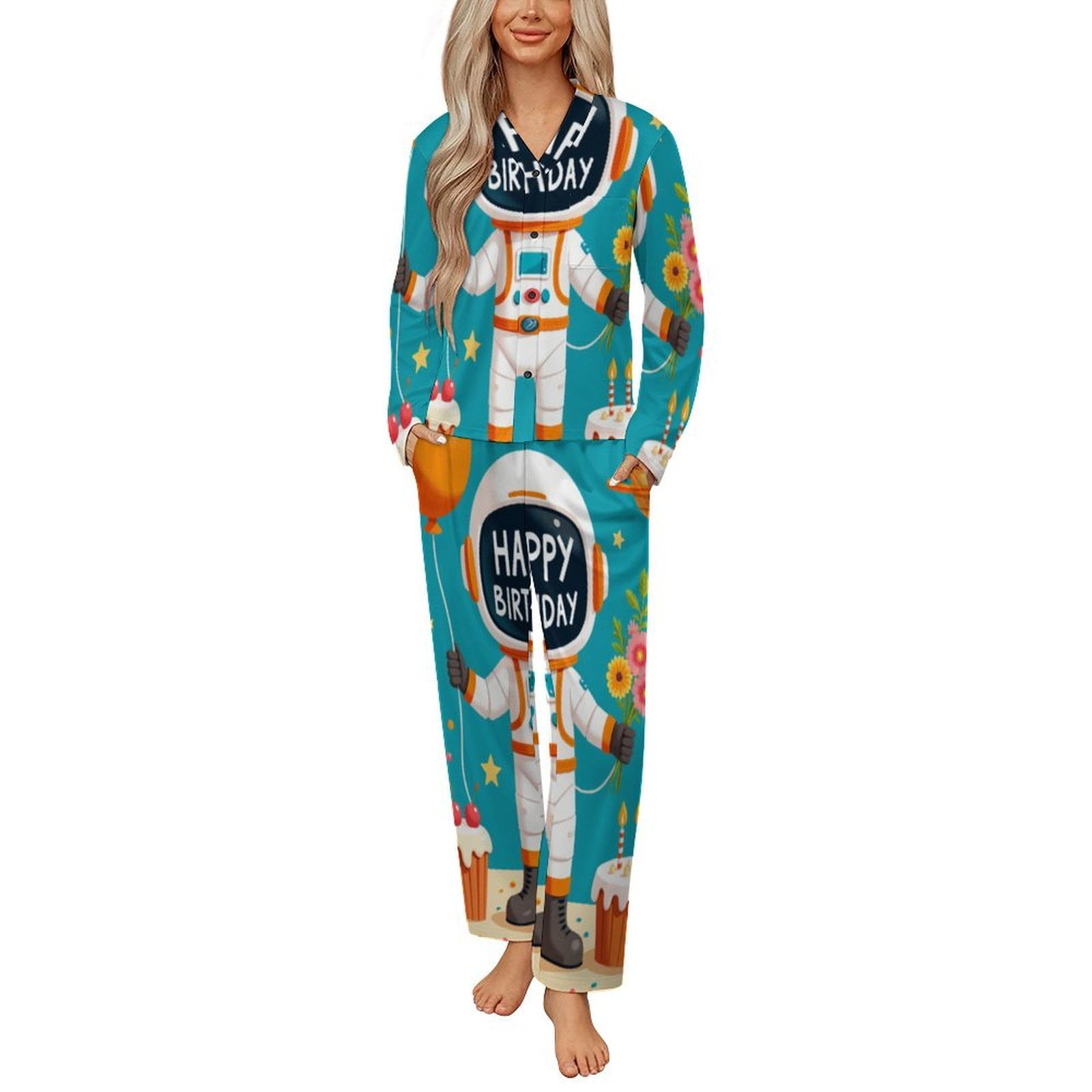 Astronaut Birthday in Space Womens Pyjamas Set Button Up Pyjamas Womens ...