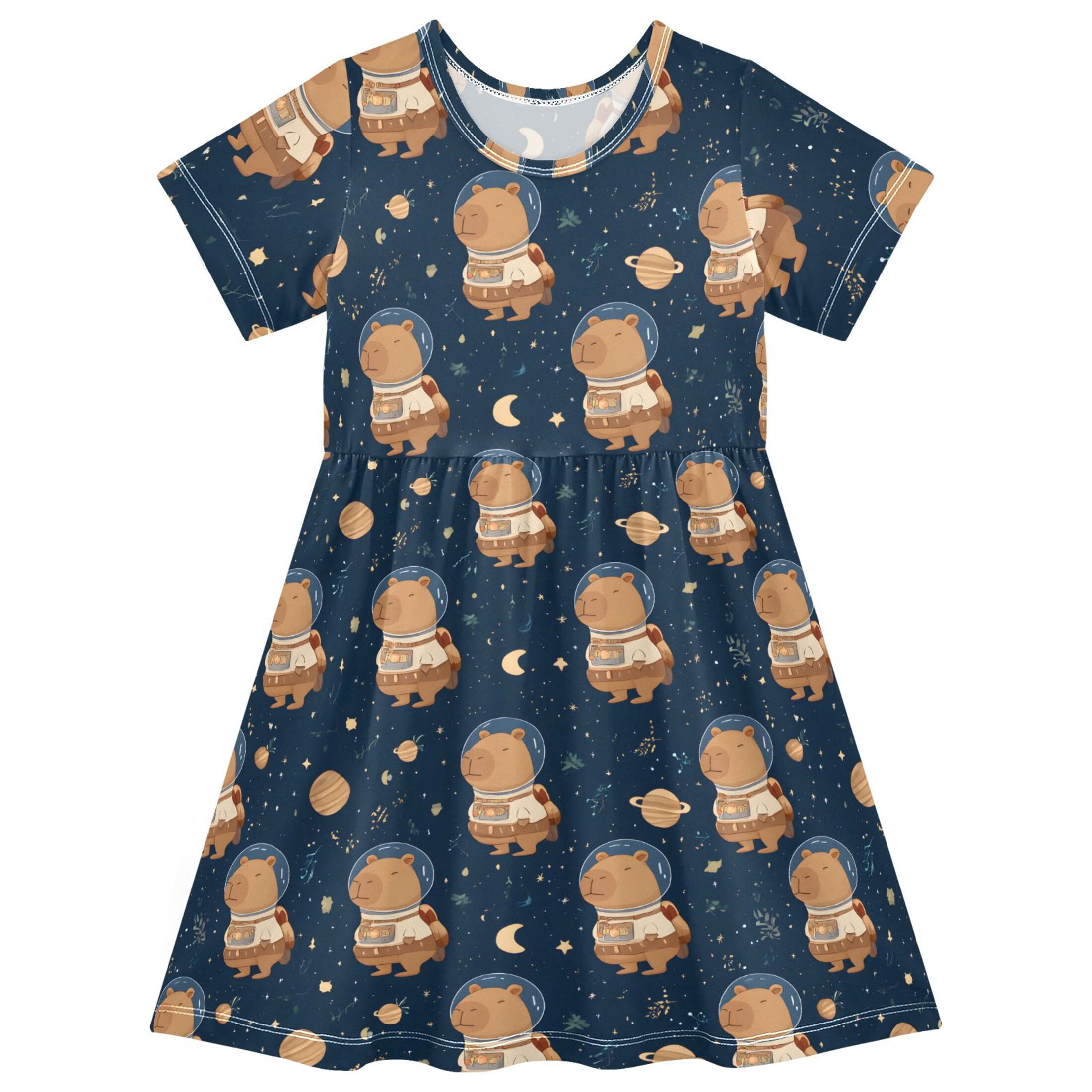 Astronaut Capybara Short Sleeve Dress A-Line Cute Midi Casual Sundress ...