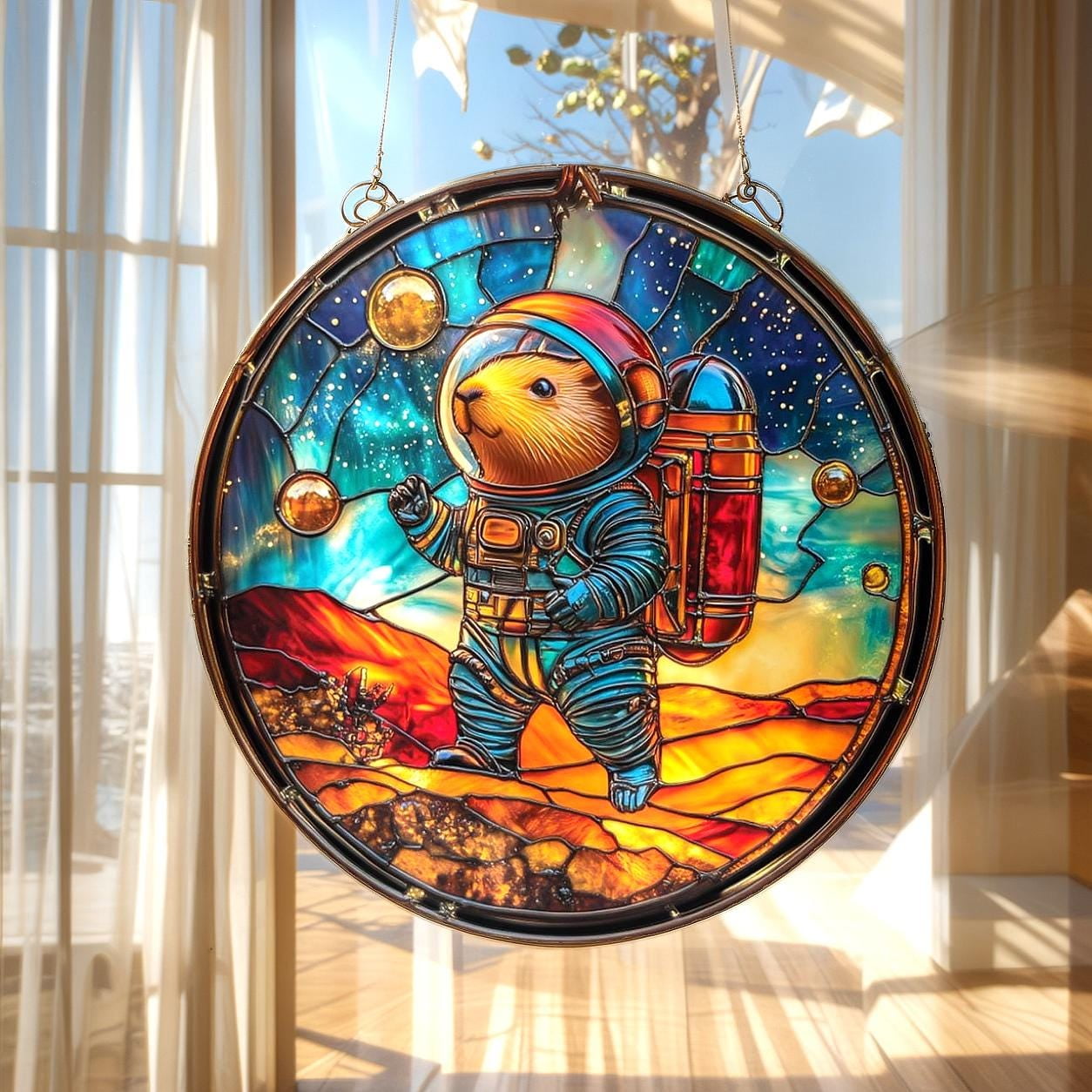 Astronaut Capybara Stained Glass Stained Glass Suncatcher, Space Explorer Animal Window Hanging ...