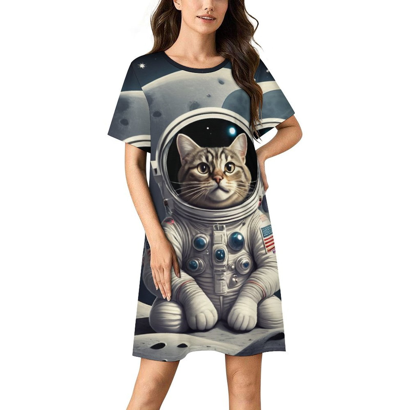 Astronaut Cat Moon Adventure Women Nightgown Sleepwear Short Sleeves ...