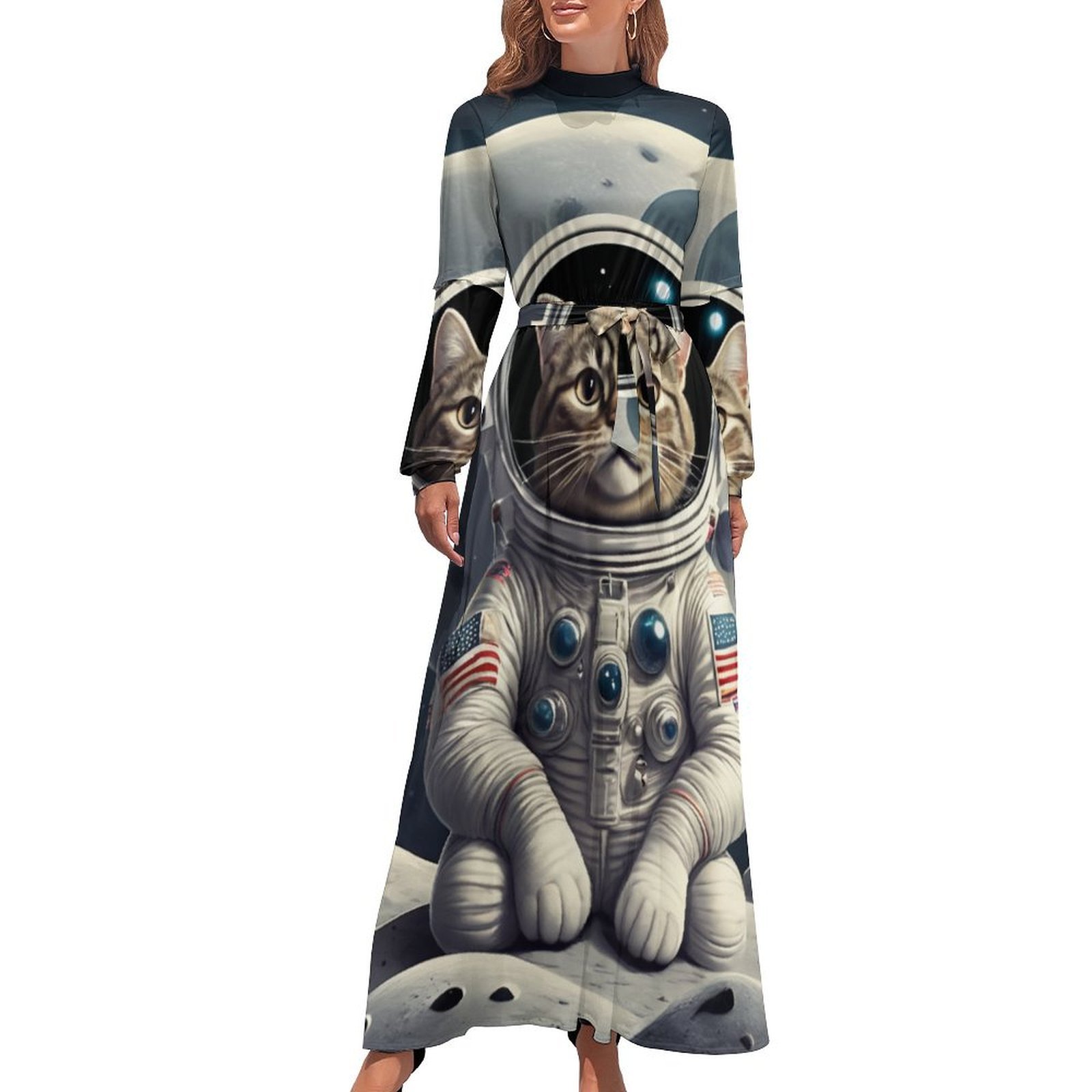 Astronaut Cat Moon Adventure Women's Long Dress Long Sleeves Dress ...