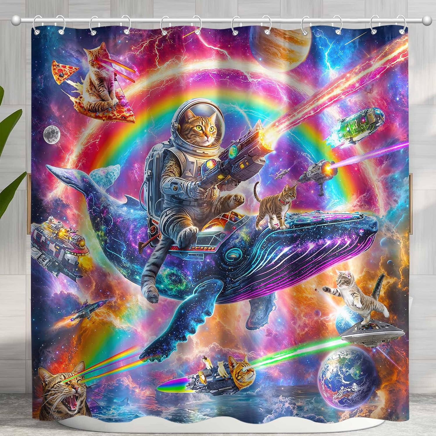 Astronaut Cat Shower Curtain Set Whale Rocket Waterproof Bathroom ...