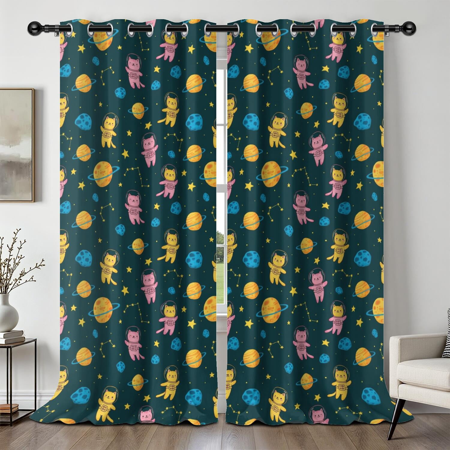 Astronaut Cat and Planet Blackout Curtains,Triple Weaved Fabric,Thermal ...