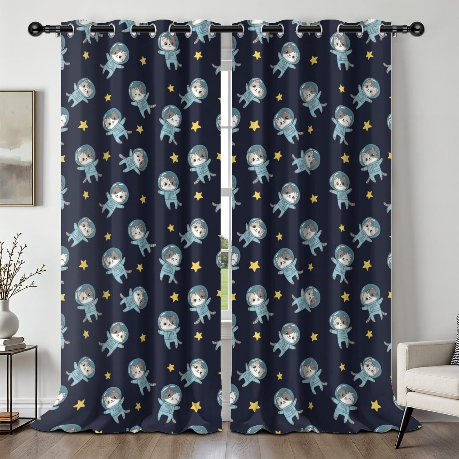 Astronaut Cat and Star Blue Pattern Blackout Curtains,Triple Weaved ...