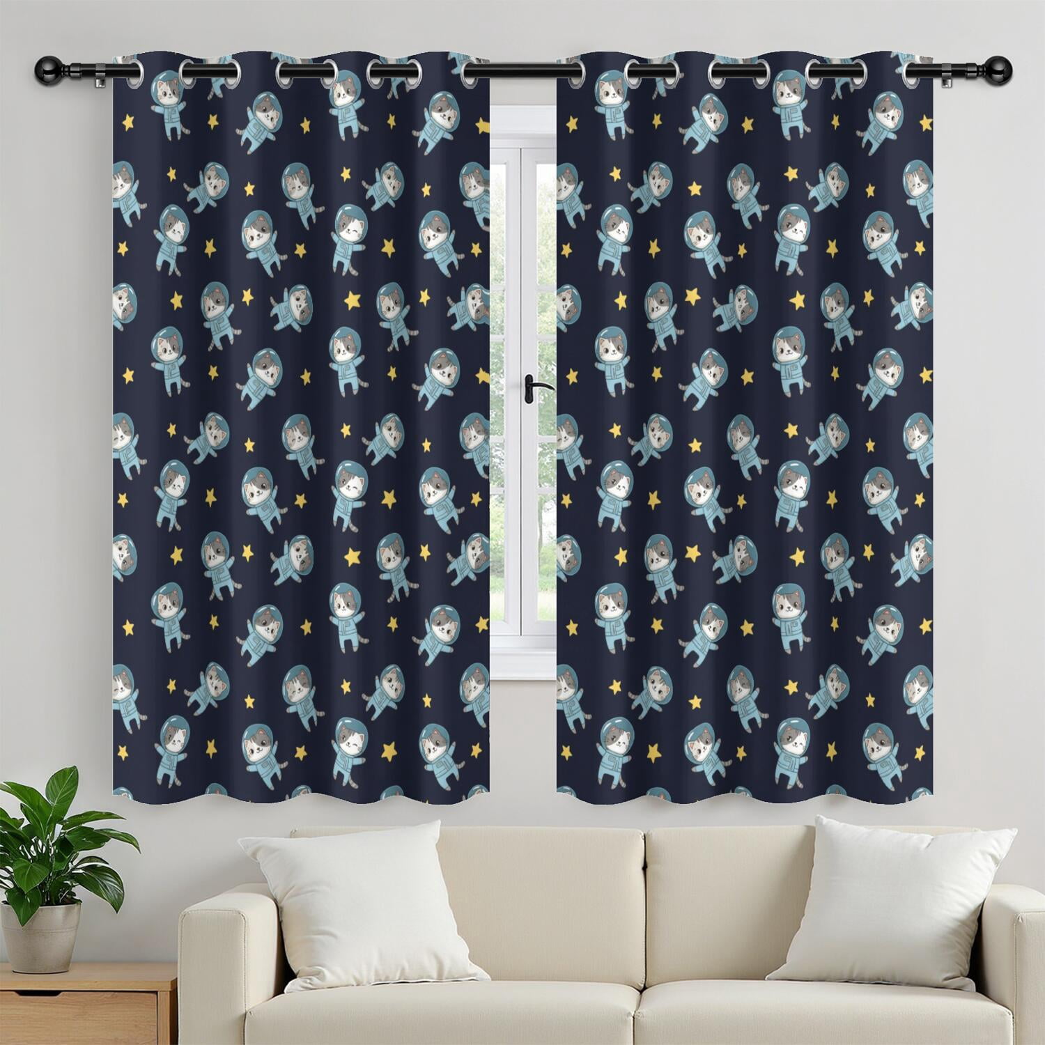 Astronaut Cat and Star Blue Pattern Blackout Curtains,Triple Weaved ...