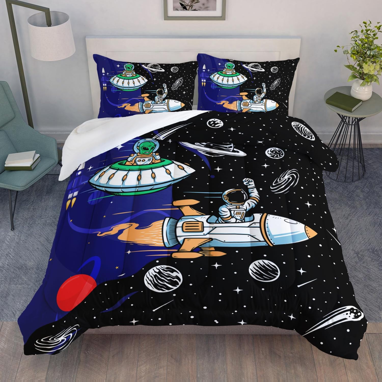 Astronaut Comforter Set Queen Size, Cute Cartoon Astronaut Bedding Set ...