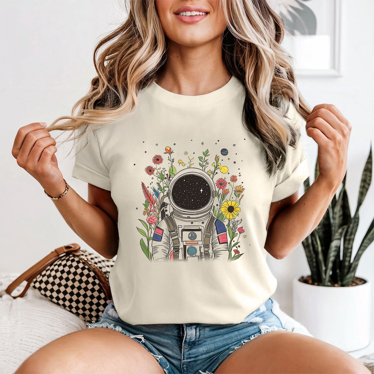 Astronaut Cosmic Floral Space Womens T-Shirt Celestial Flowers Tee ...