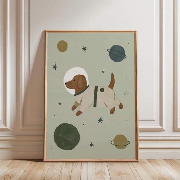 Astronaut Dog Print, Sage Green Space Nursery Art, Unframed Paper ...