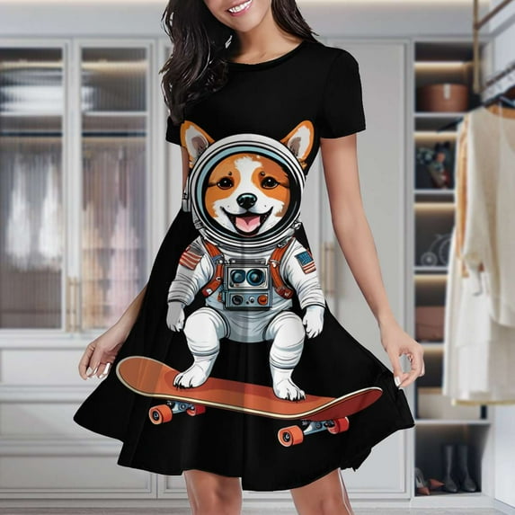Astronaut Dog Surfing Women's Classic Swing Skater Dress Casual Work ...