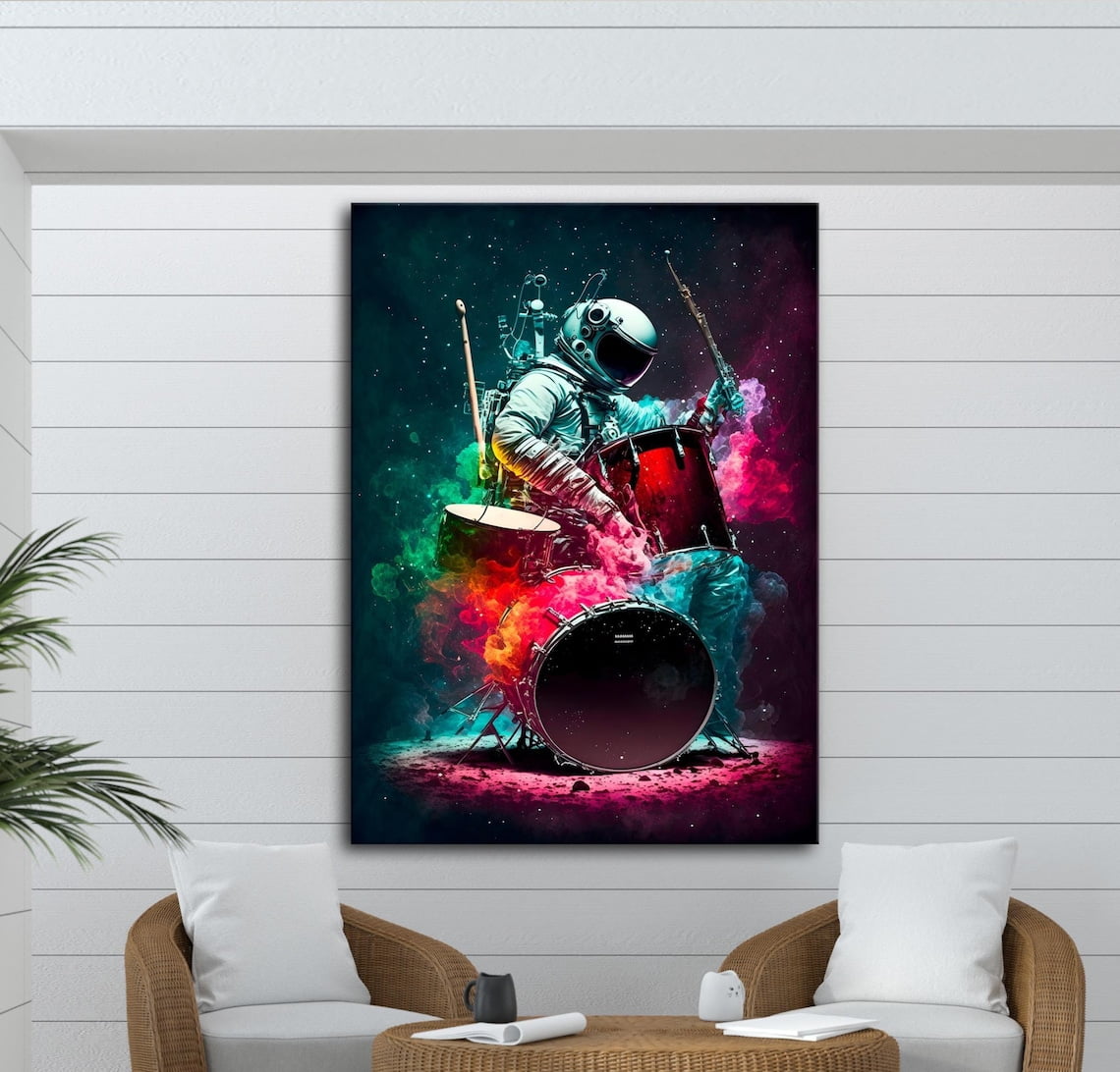 Astronaut Drummer Wall Art, Space Music, Neon Poster, Musician Room ...