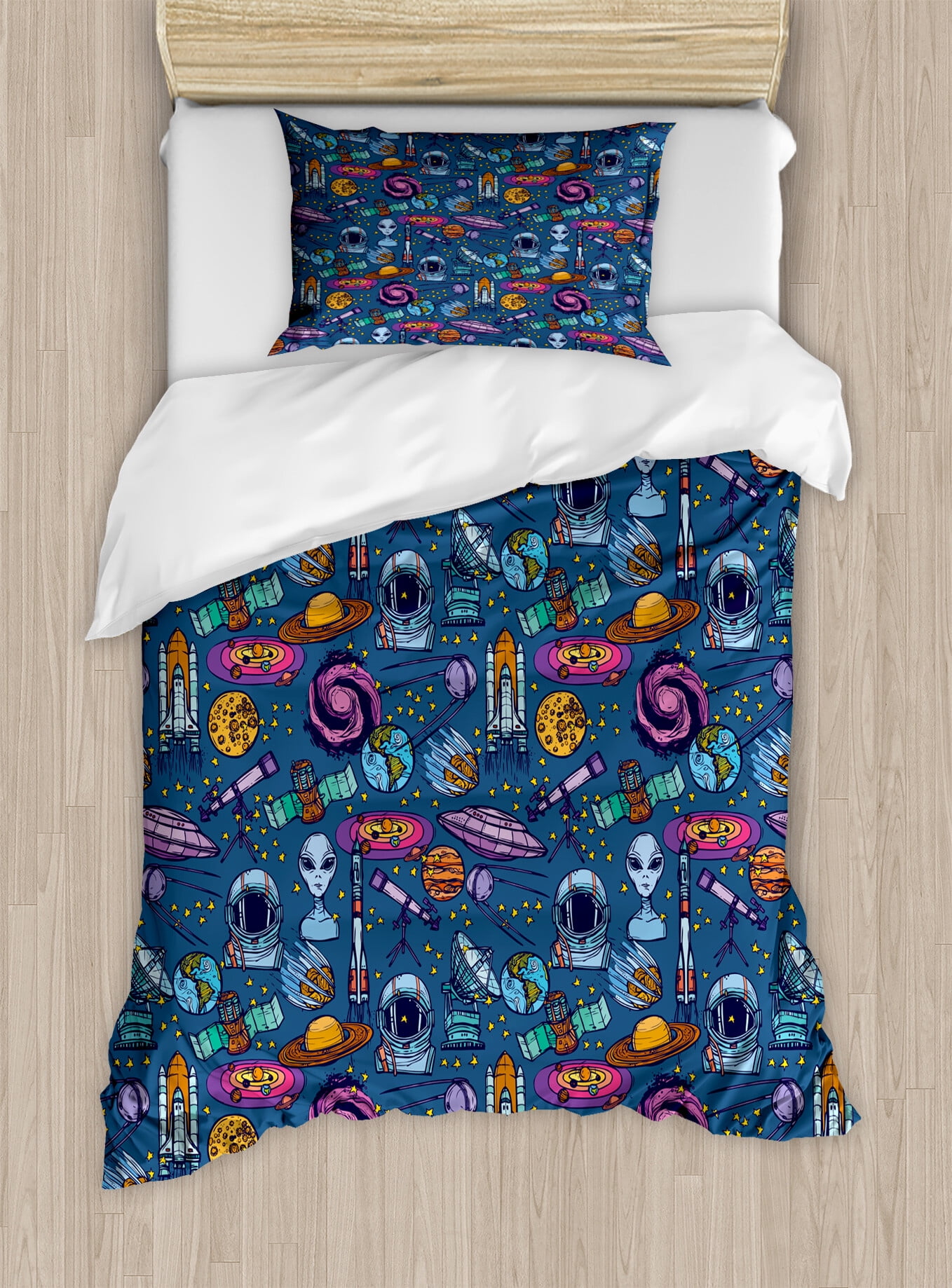 Astronaut Duvet Cover Set, Colorful Astronomical Sketch Stars Planets ...