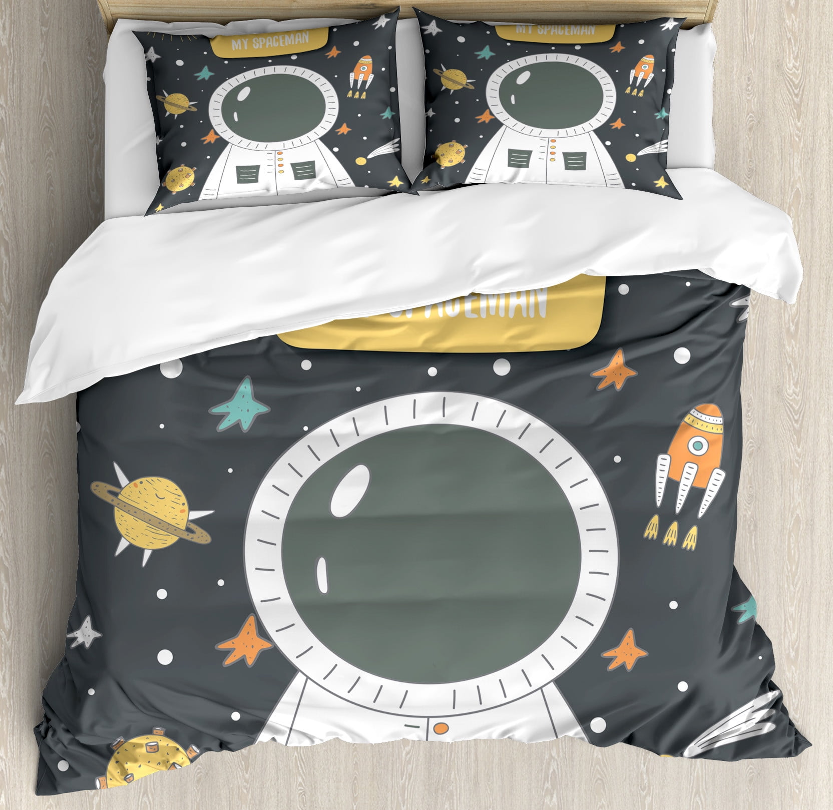 Astronaut Duvet Cover Set, You Are My Spaceman Cosmic Doodle with Stars Rocket Moon Comet Galaxy ...