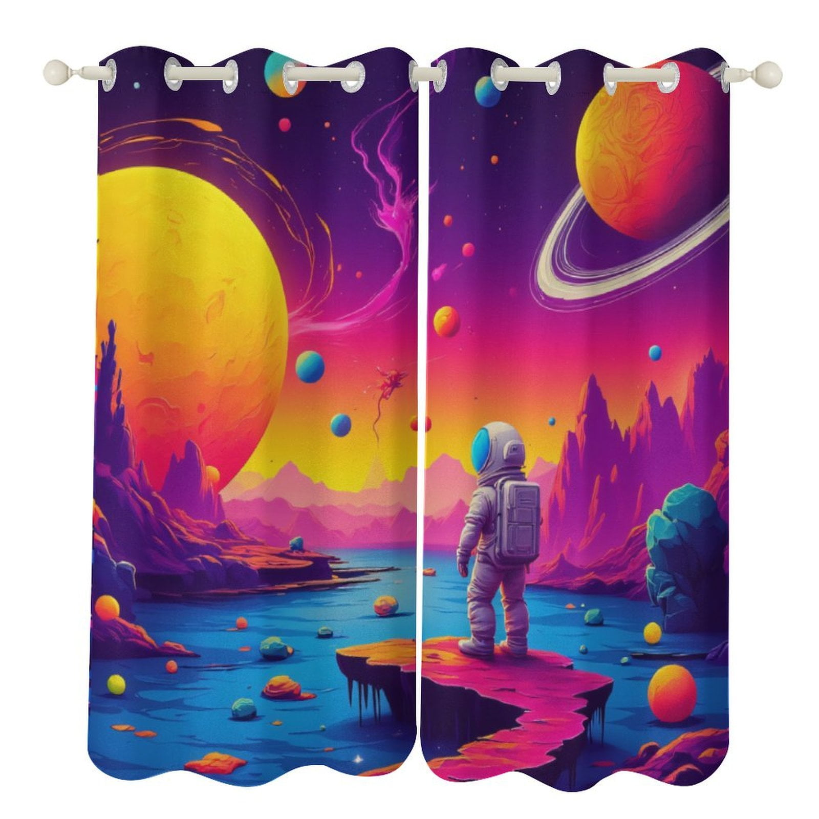 Astronaut Exploring Cosmic Landscape 2 Panels 3D Printing Pattern Curtain for Bedroom Living ...