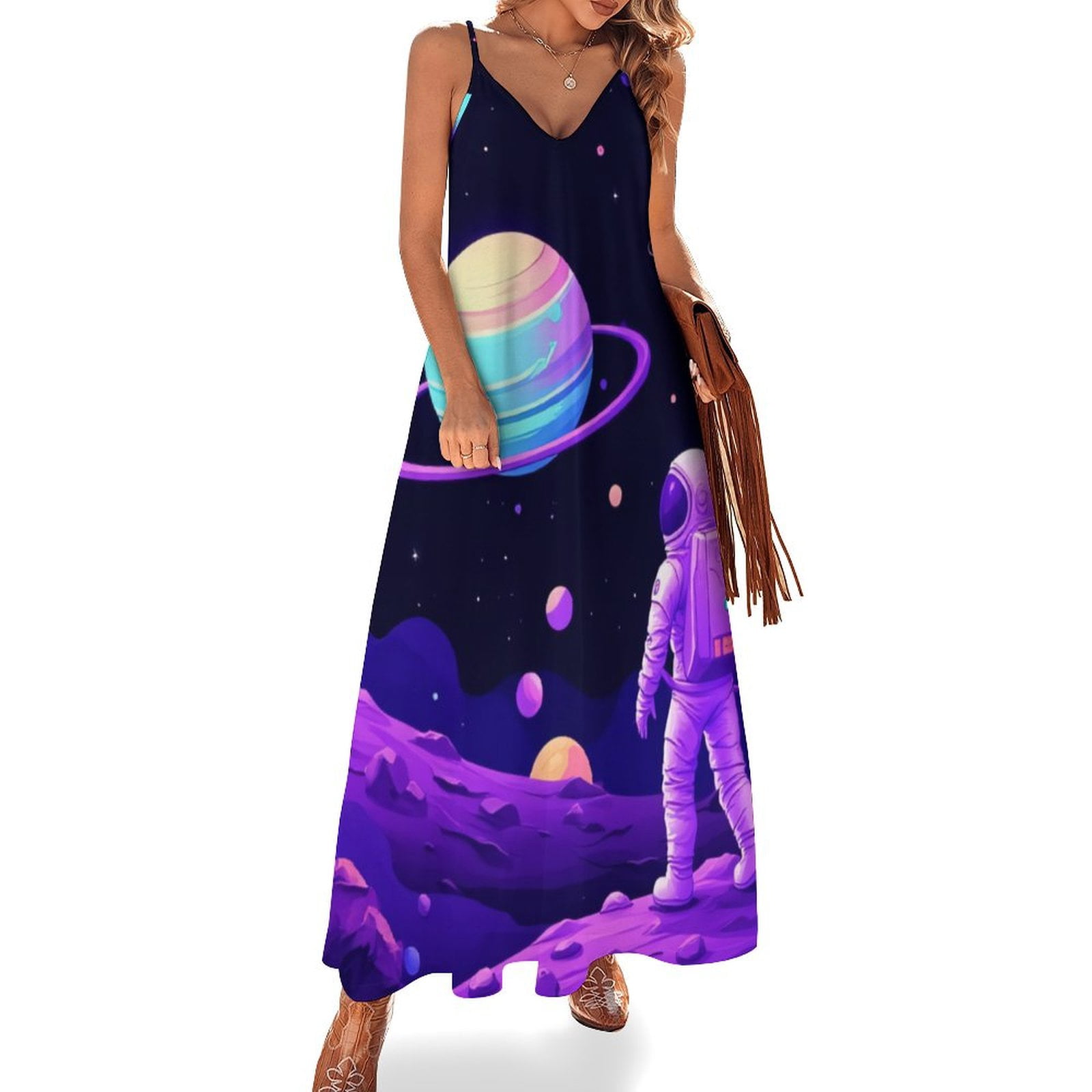 Astronaut Exploring Neon Planets Sleeveless Dress Women's Luxury Party ...