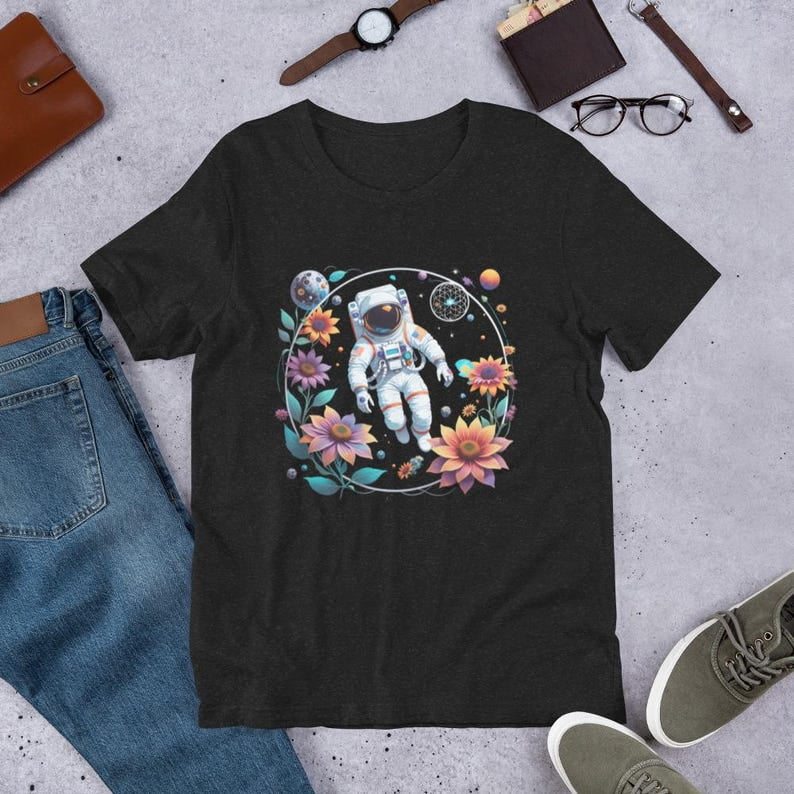 Astronaut Floral Galaxy Graphic Tee, Retro Cosmic Space Explorer Art ...