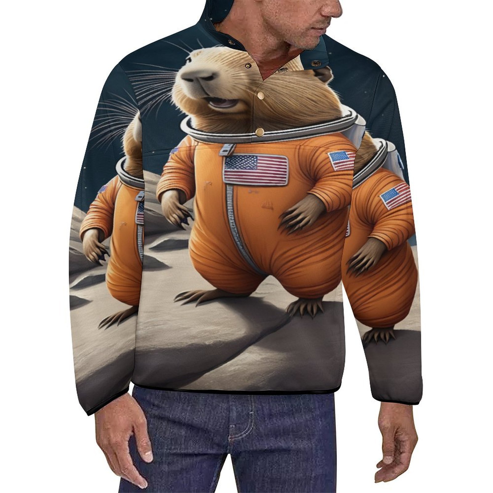 Astronaut Guinea Pig Moon Adventure Men's Stand Collar Sweater Long ...