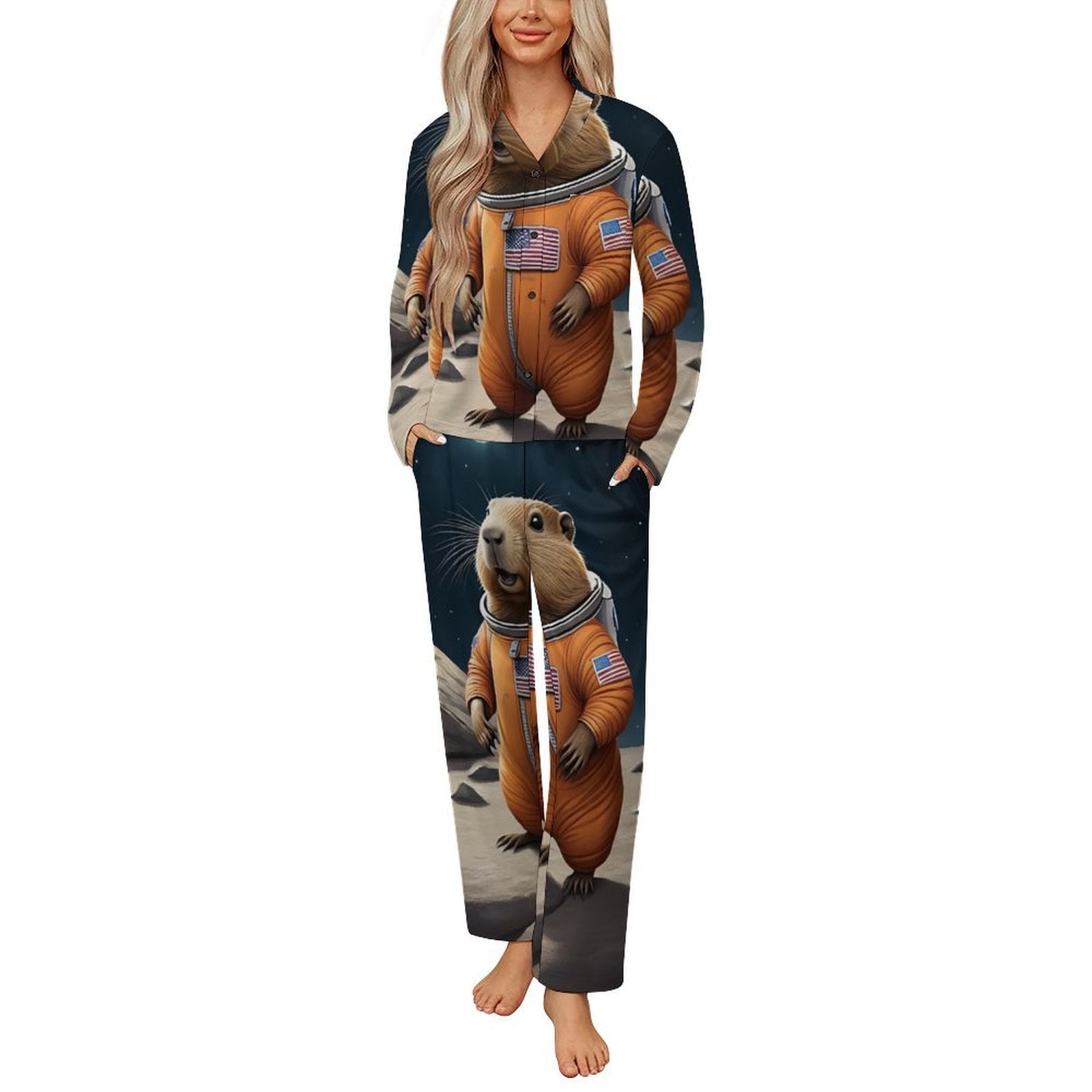 Astronaut Guinea Pig Moon Adventure Womens Pyjamas Set Button Up ...