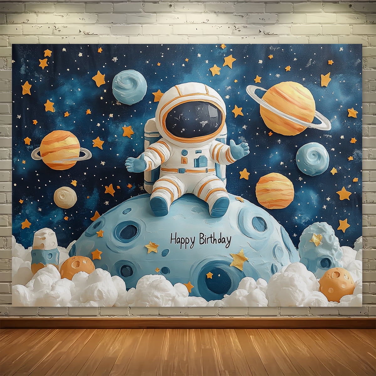 Astronaut on Moon Happy Birthday Backdrop Dreamy Space Themed Party ...