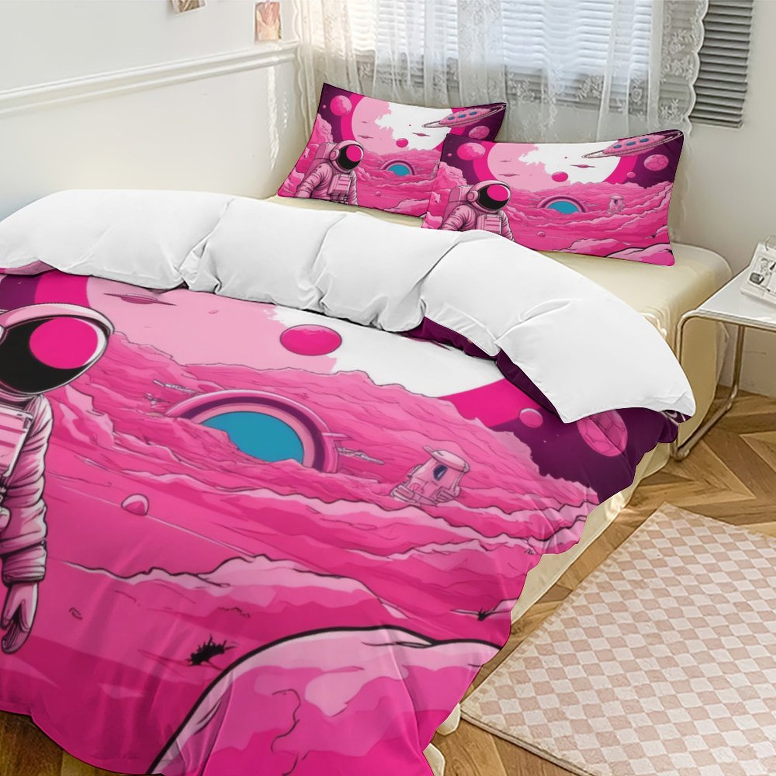Astronaut Pink Planet UFO Bedding Set Couple Bedclothes Pillowcase ...