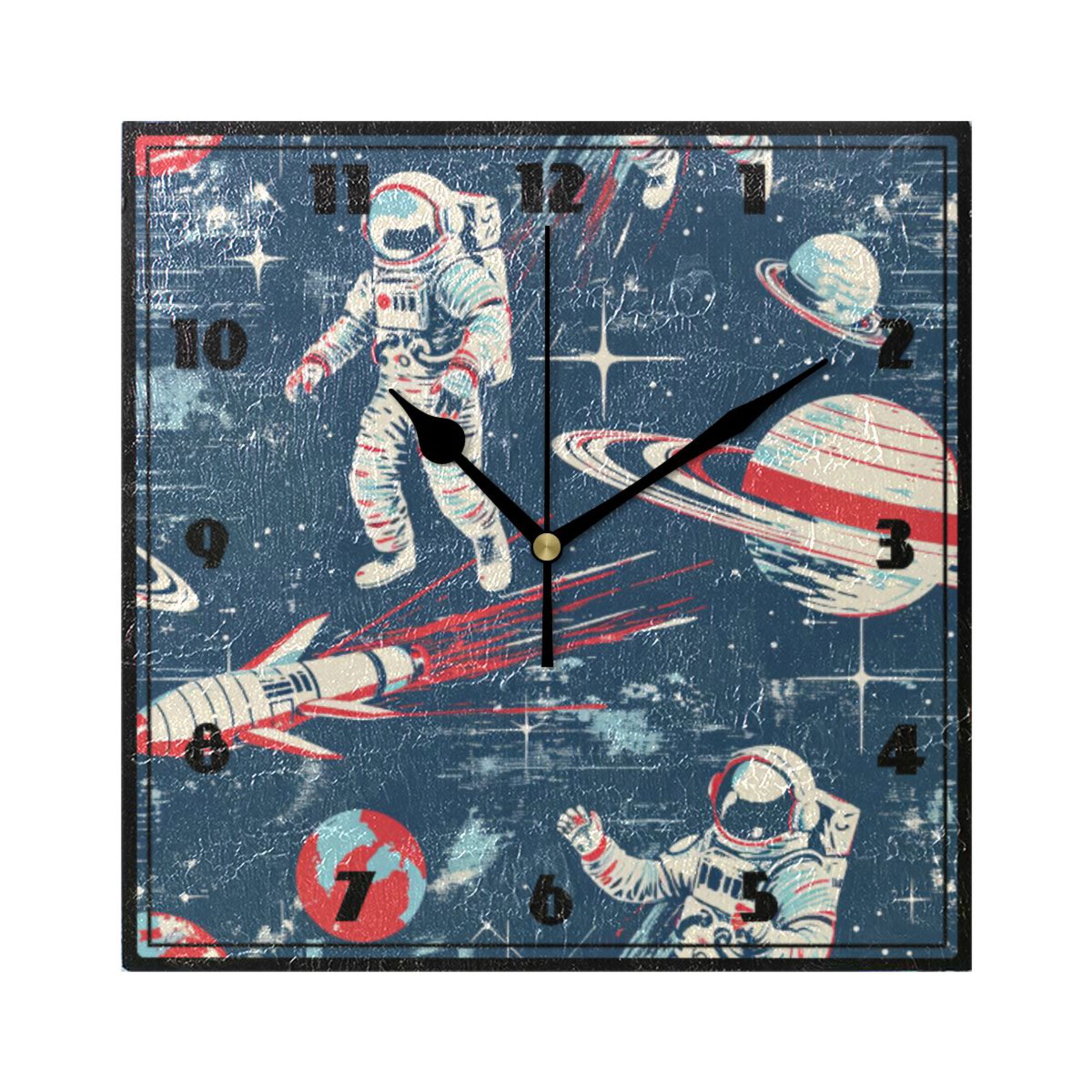 Astronaut Planet Rocket Wall Clock 7.78" Non-Ticking Silent Battery ...