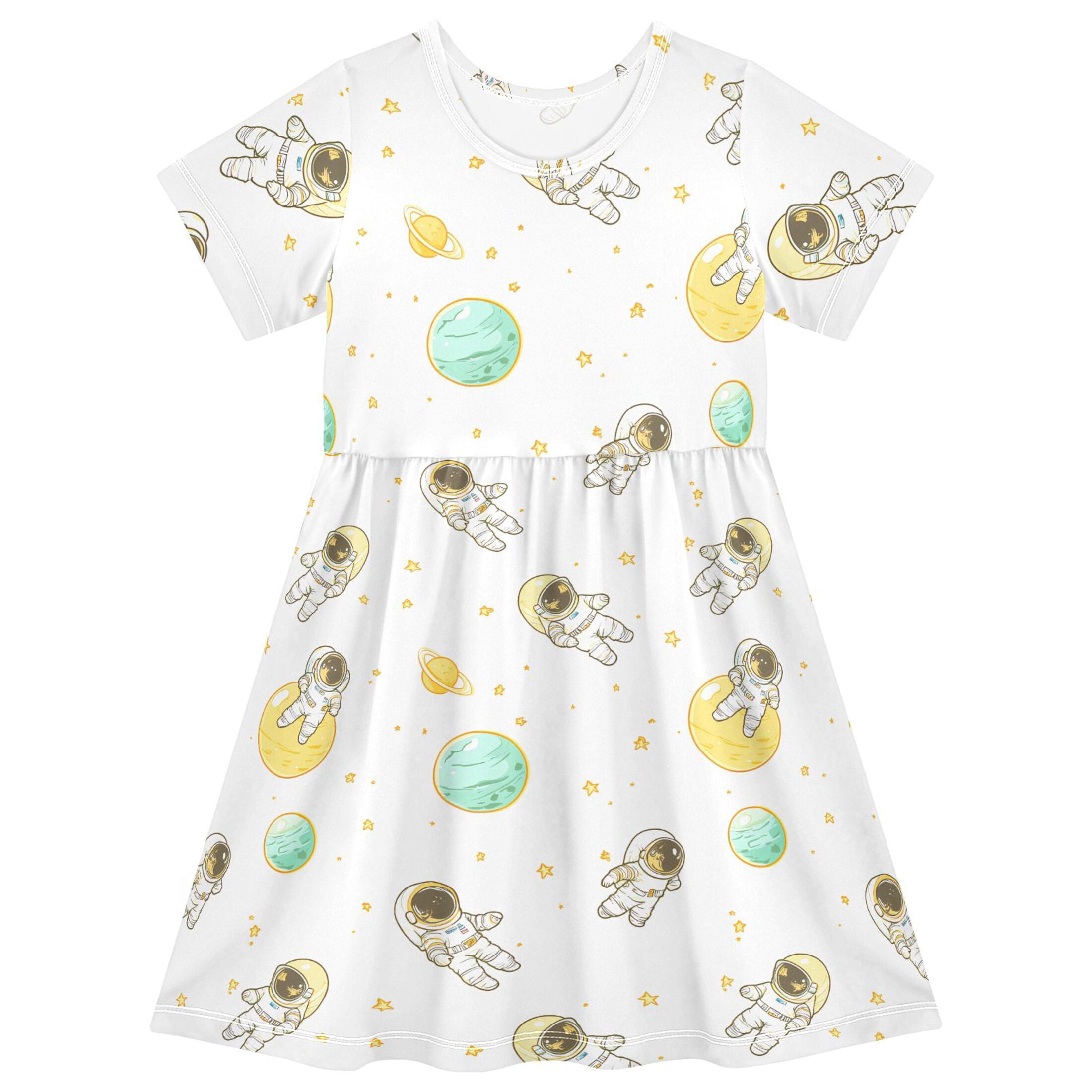 Astronaut Planet White Background Short Sleeve Dress A-Line Cute Midi ...
