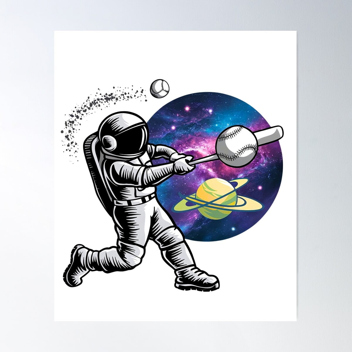 Astronaut Playing Baseball Space Galaxy Planets Stars Poster Wall Art ...