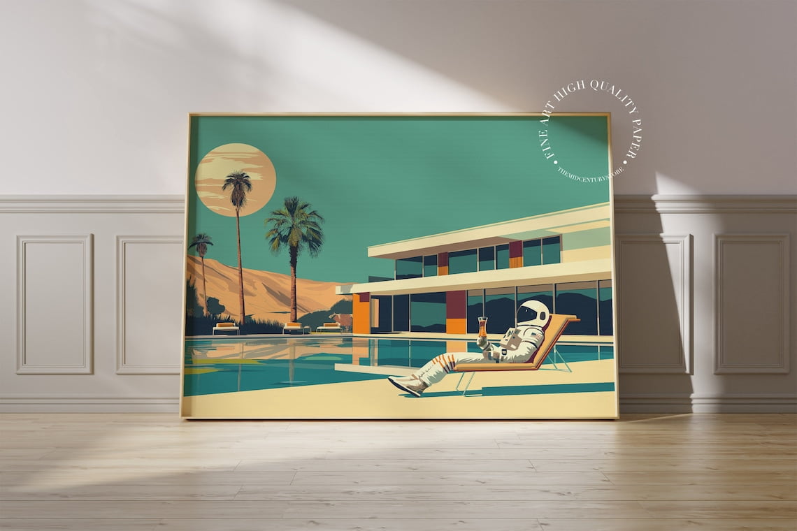 Astronaut Pool Cocktail Mid Century Modern Tropical Wall Art, Stretched ...