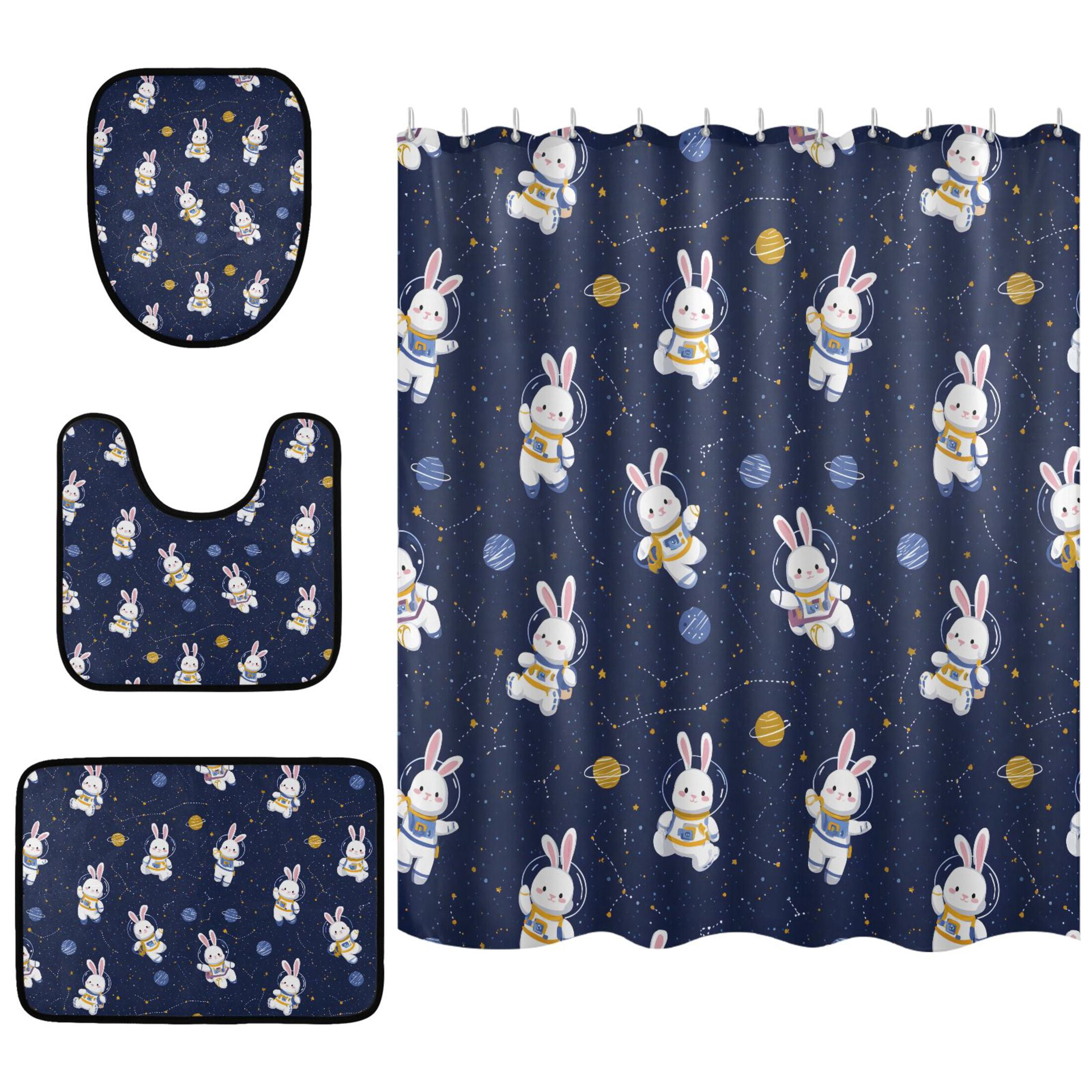 Astronaut Rabbit Pattern Shower Curtain Sets 4 Piece Waterproof ...