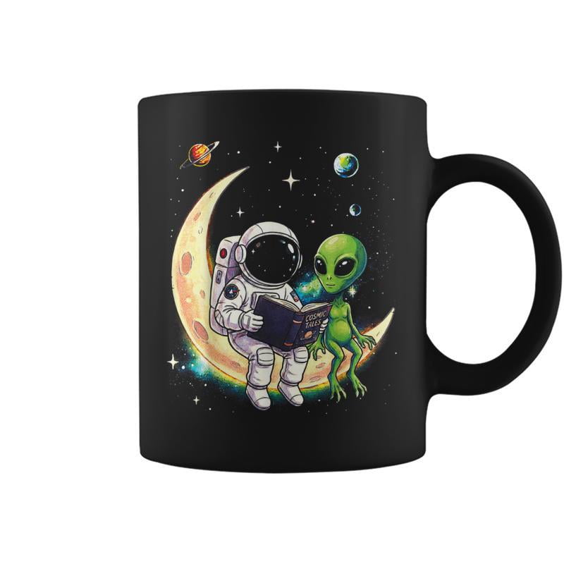 Astronaut Reading Book To Alien Moon Space Astronomy Galaxy Coffee Mugs ...
