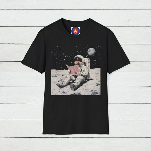 Astronaut Reading Book on the Moon Graphic T-Shirt, Space Art Cosmic ...