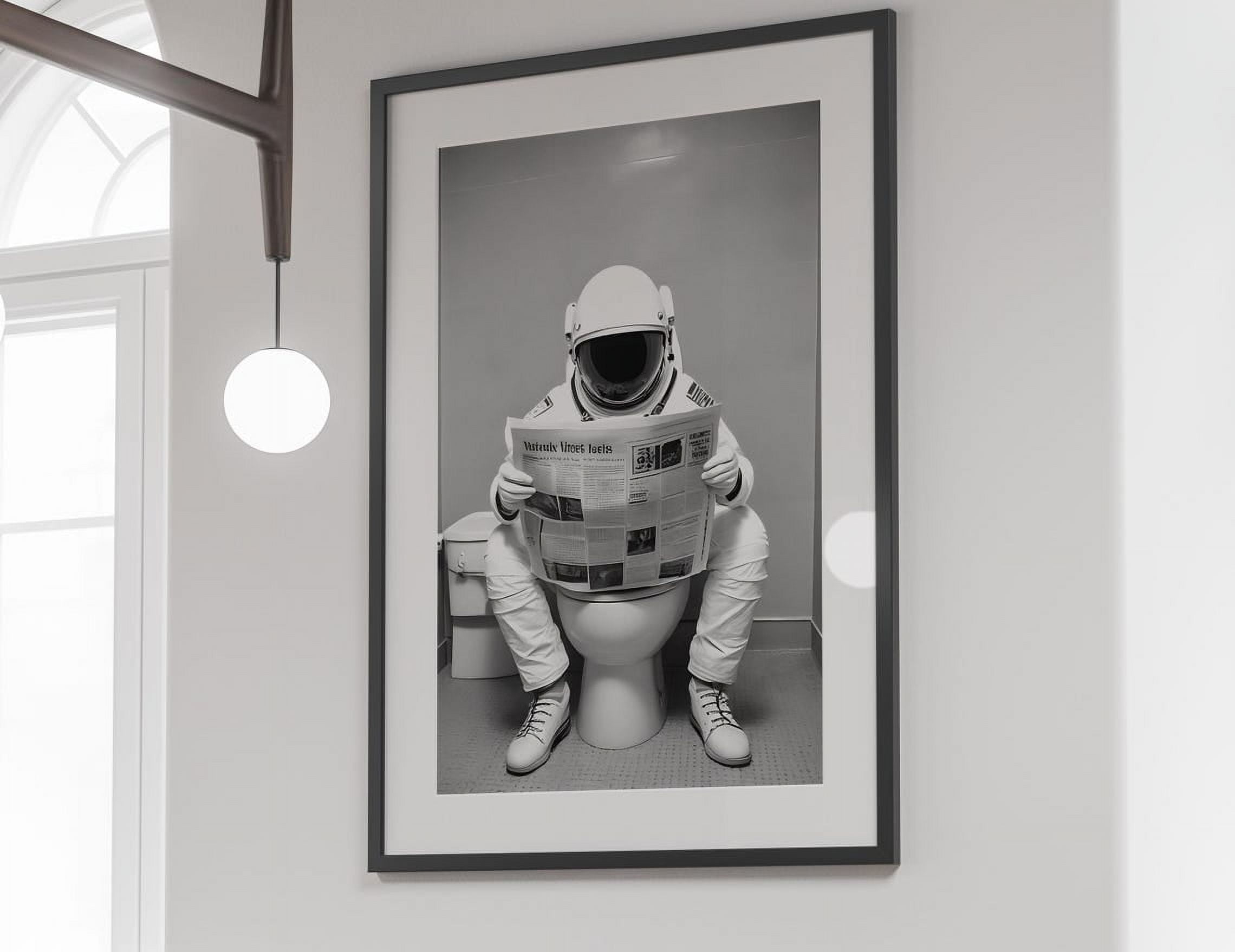 Astronaut Reading Newspaper On Toilet Print Bathroom Poster Black And ...
