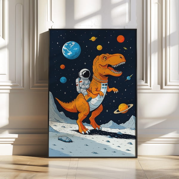 Astronaut Riding T-Rex In Space Poster, Dinosaur Wall Art For Kids Room ...