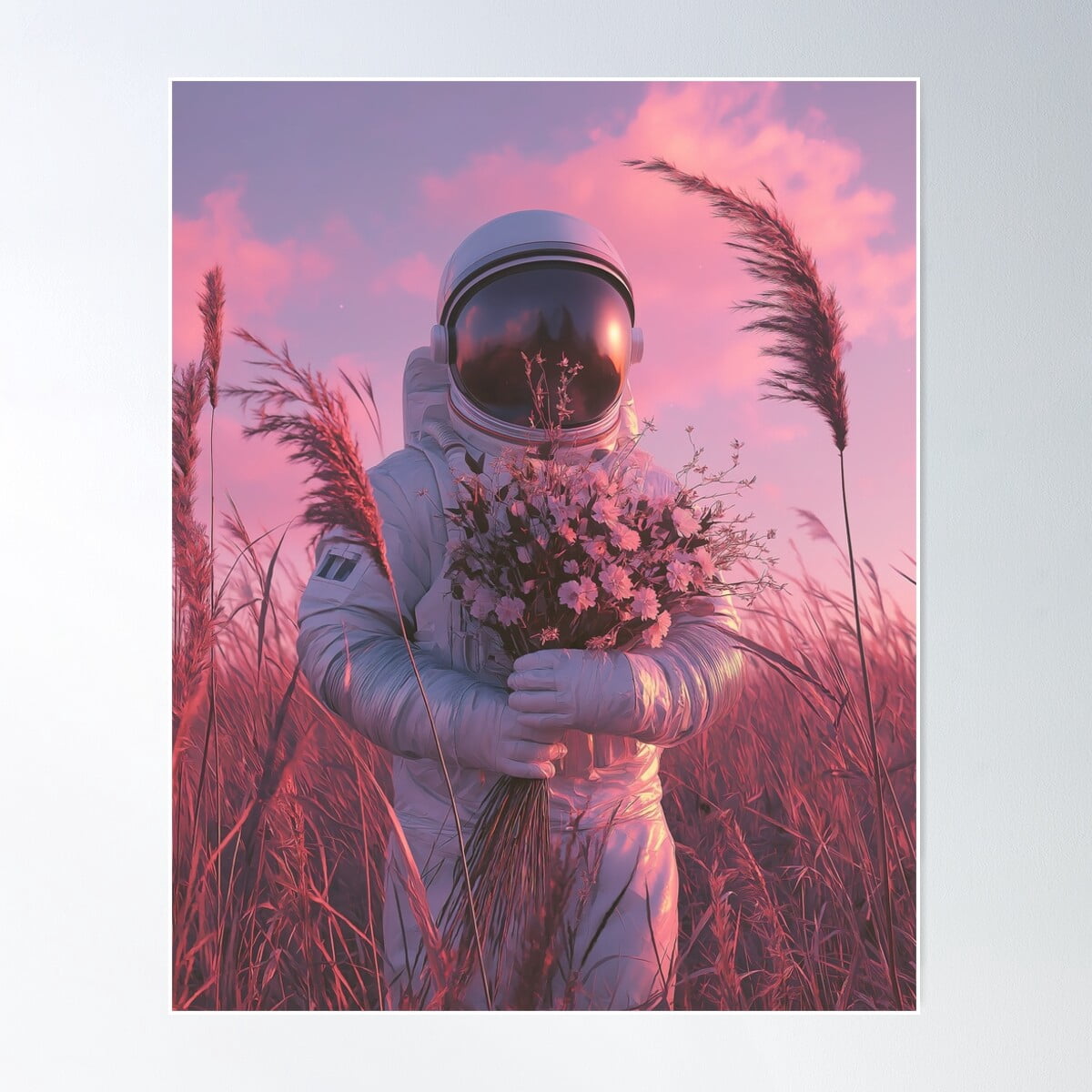 Astronaut'S Floral Serenity In A Pink Meadow Poster Wall Art Modern ...
