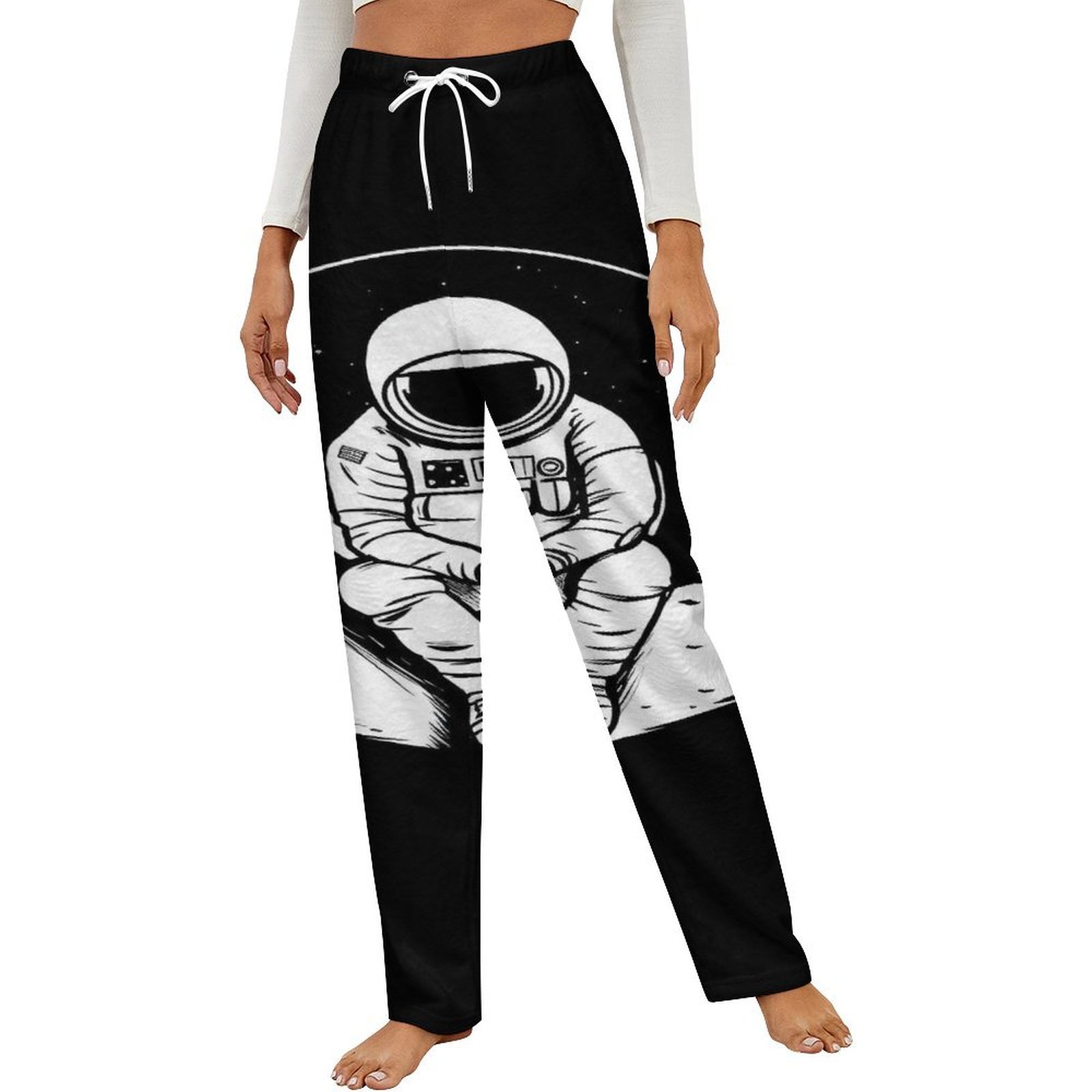 Astronaut Sitting On Moon Winter Female Pants Flannel High Waist Women ...