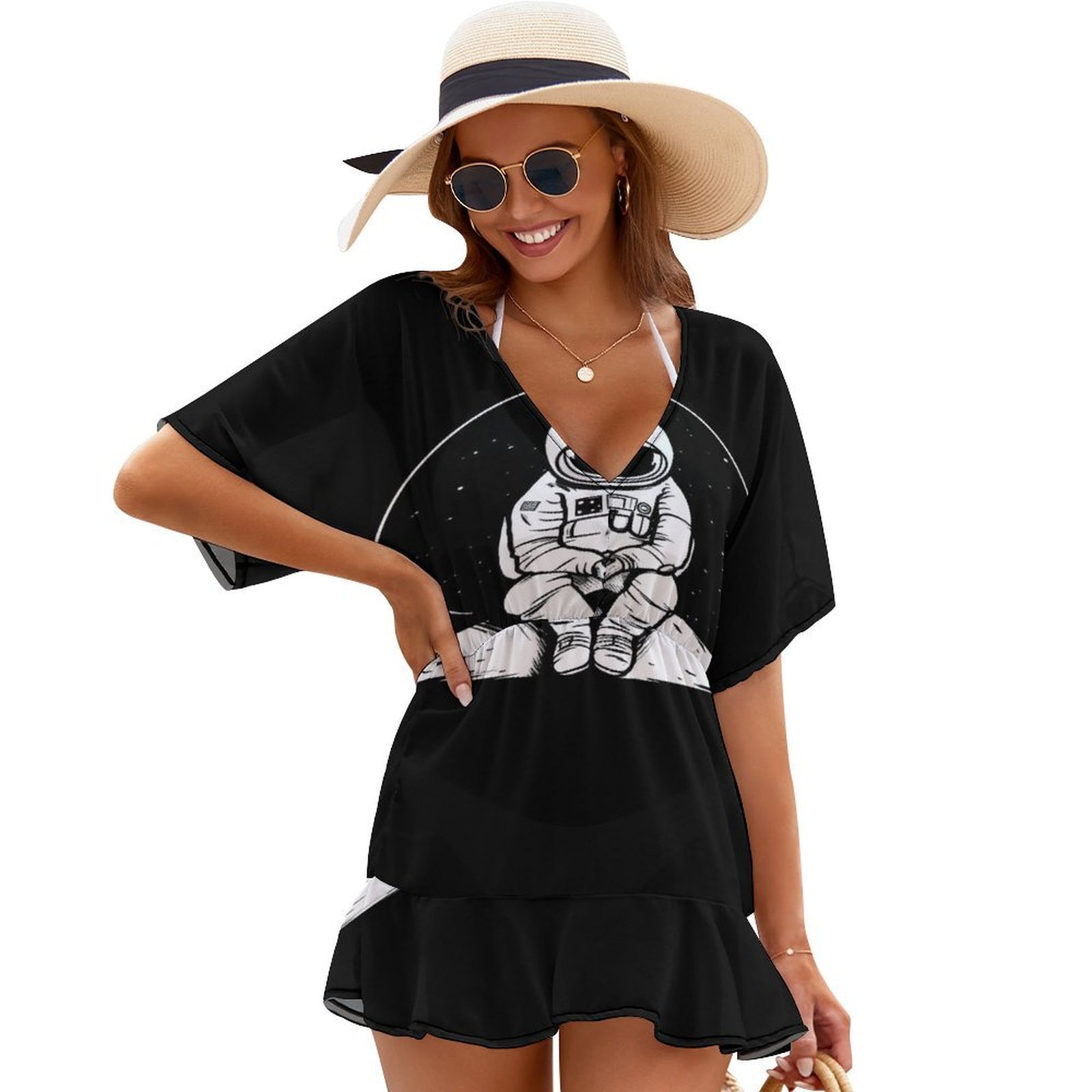 Astronaut Sitting on Moon Beach Cover Ups Women V Neck Short Sleeve ...
