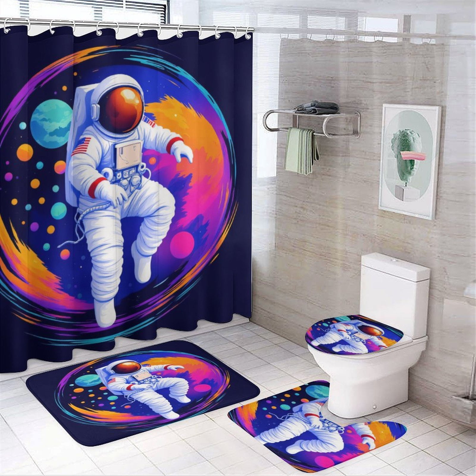 Astronaut Space Adventure-2 Shower Curtain Bathroom Sets Toilet Lid Rug ...