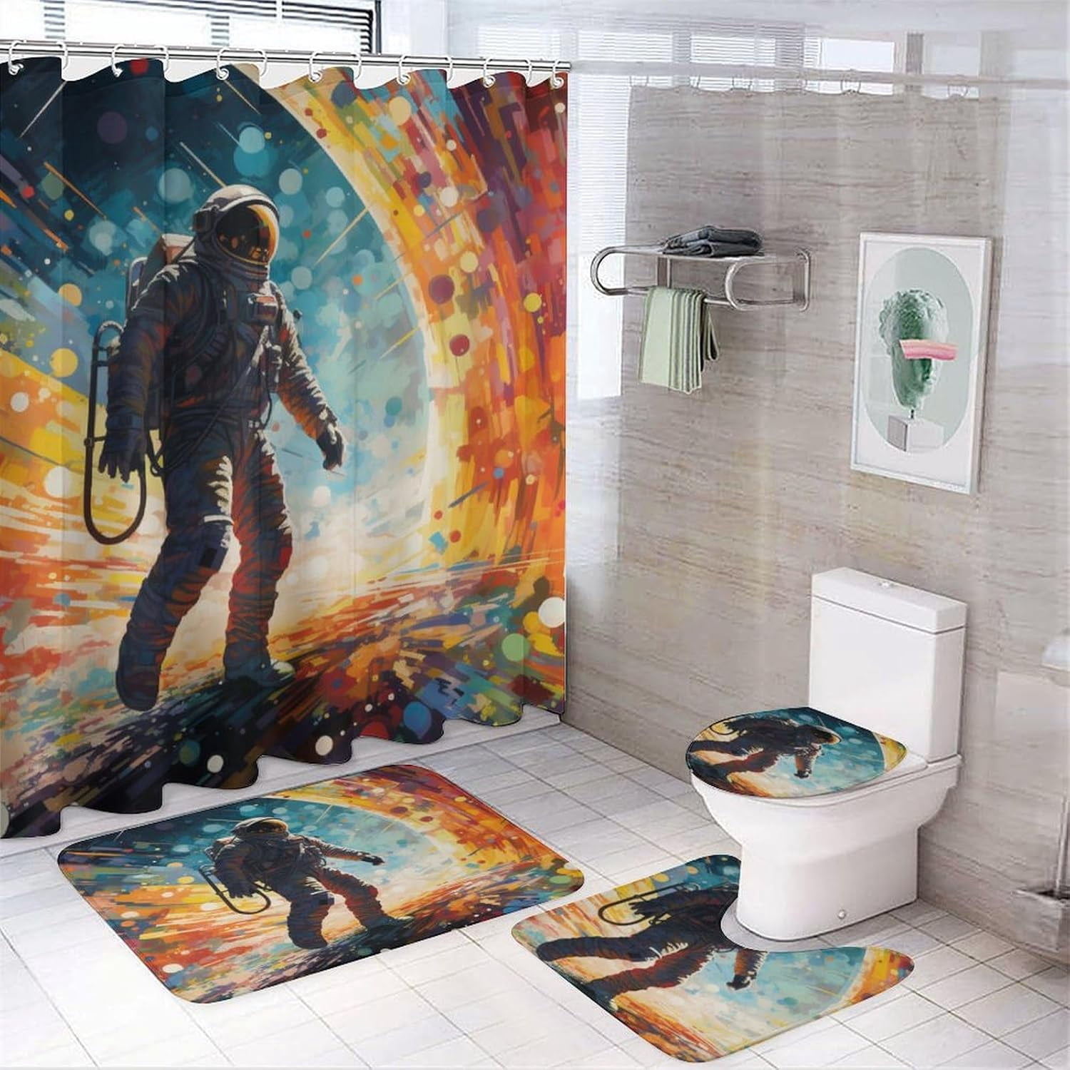 Astronaut in Space Painting Shower Curtain 4 Piece Set with Non-Slip ...