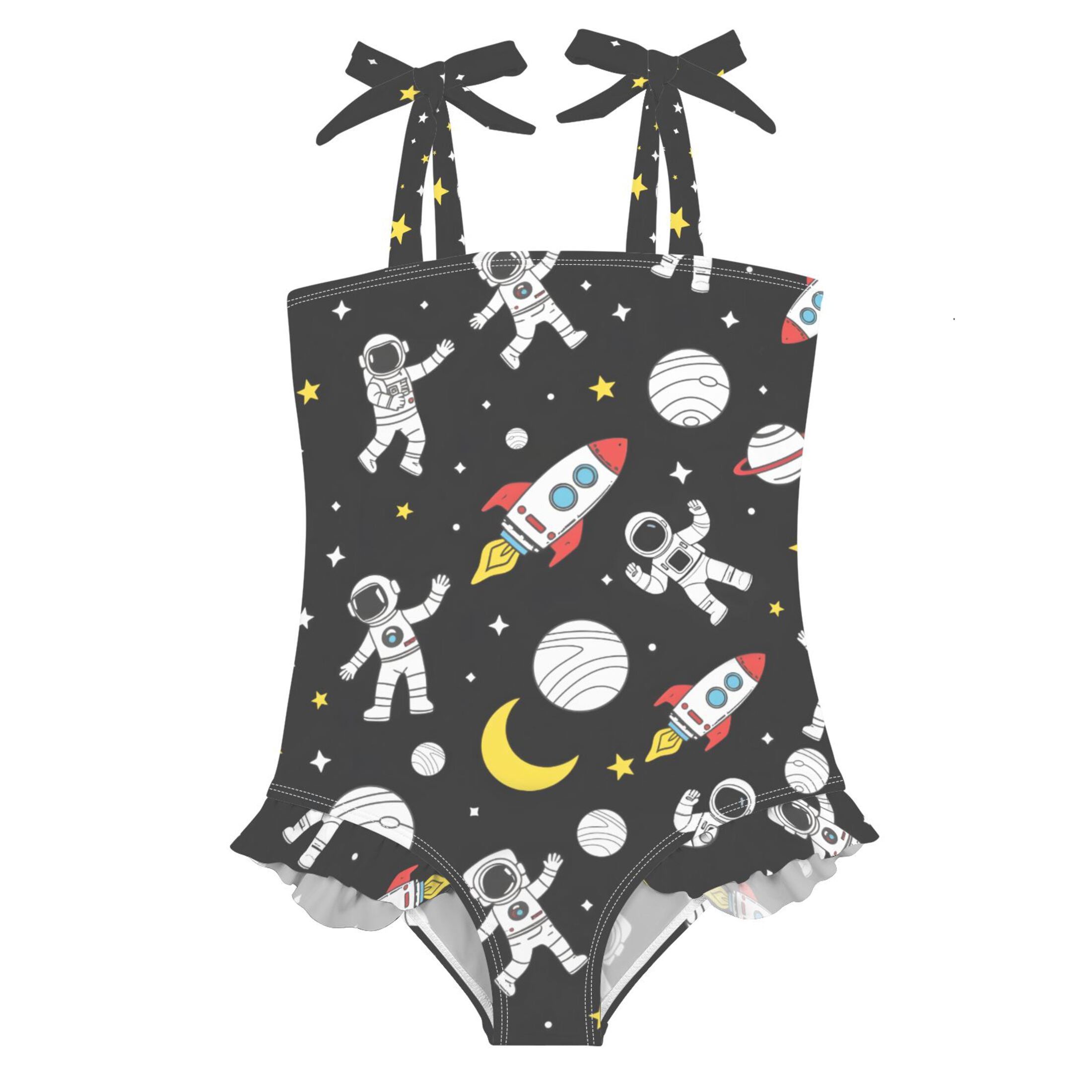 Astronaut Space Pattern Girls' One-Piece Swimsuit Bowknot Tie Shoulder ...
