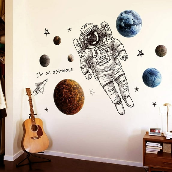 Astronaut Wall Stickers Planet Space DIY Vinyl Removable Large Wall ...