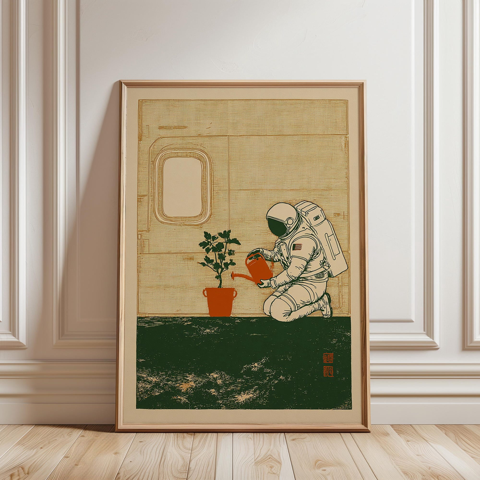 Astronaut Watering Plant Poster Retro Japanese Line Art 1 - Walmart.com