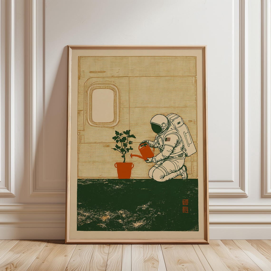 Astronaut Watering Plant Retro Japanese Line Art Surreal Space Decor ...