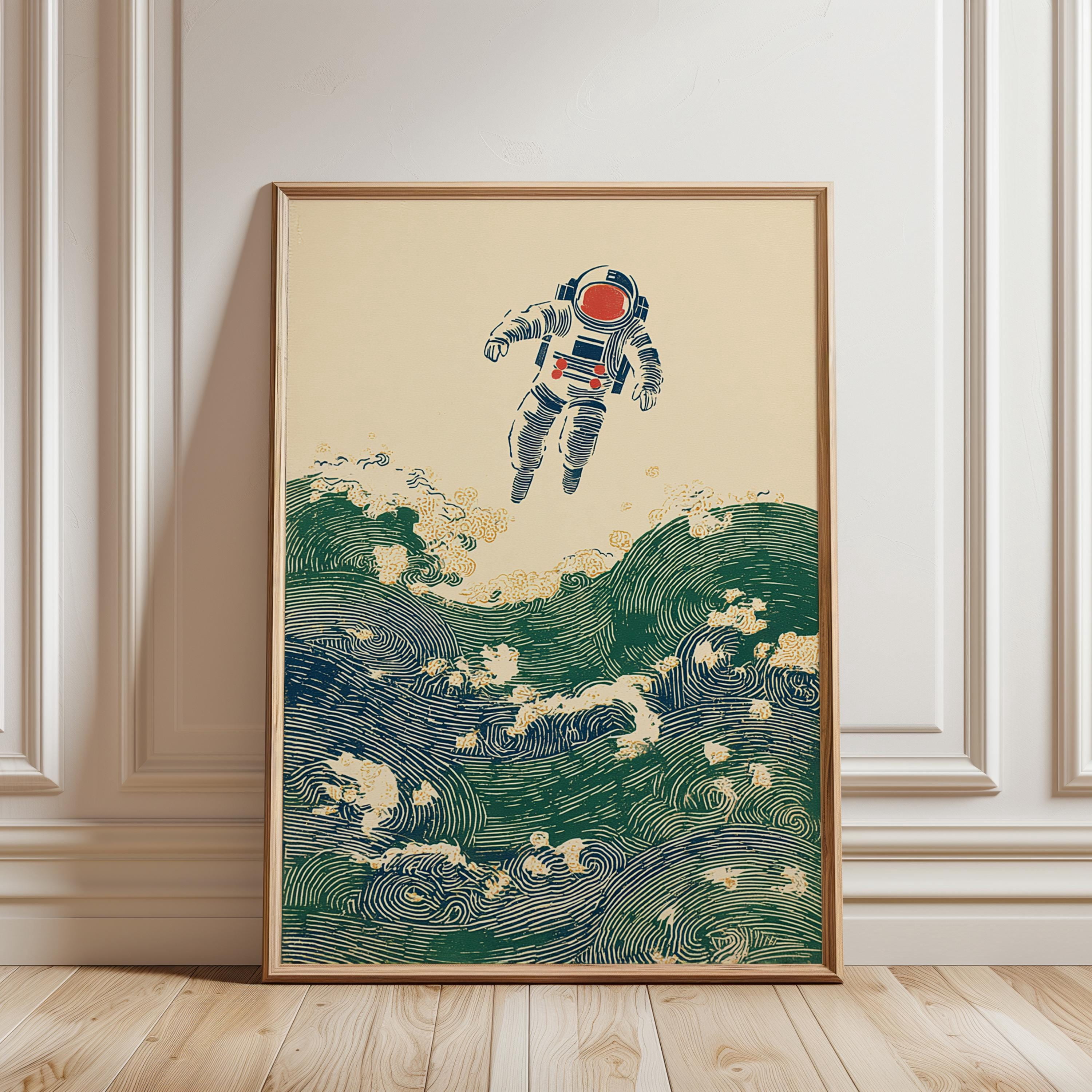 Astronaut Waves Poster, Japanese Line Art Space Illustration Vintage ...